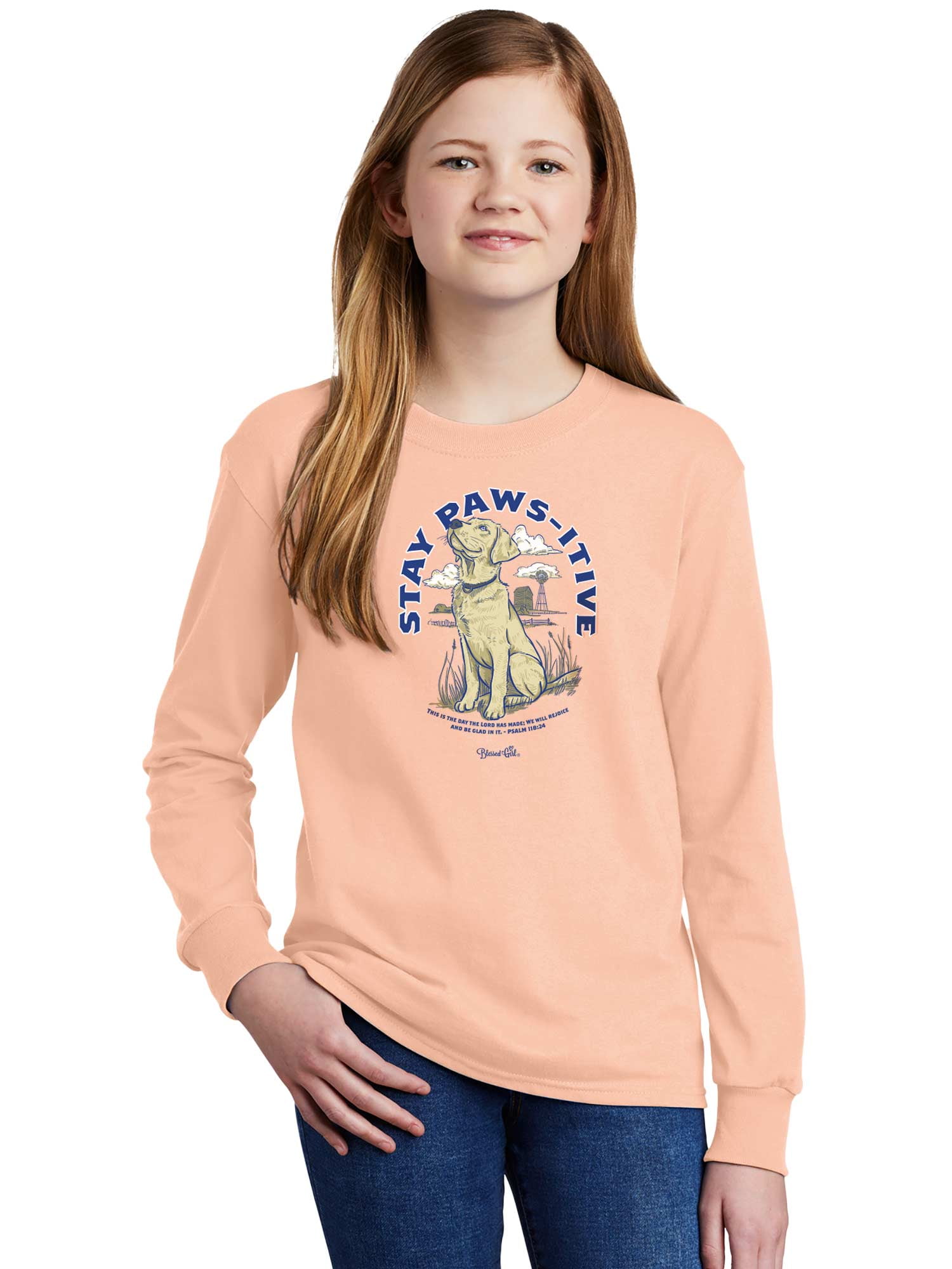 Blessed Girl Kids Long Sleeve T-Shirt Pawsitive, Light Coral, LG ...