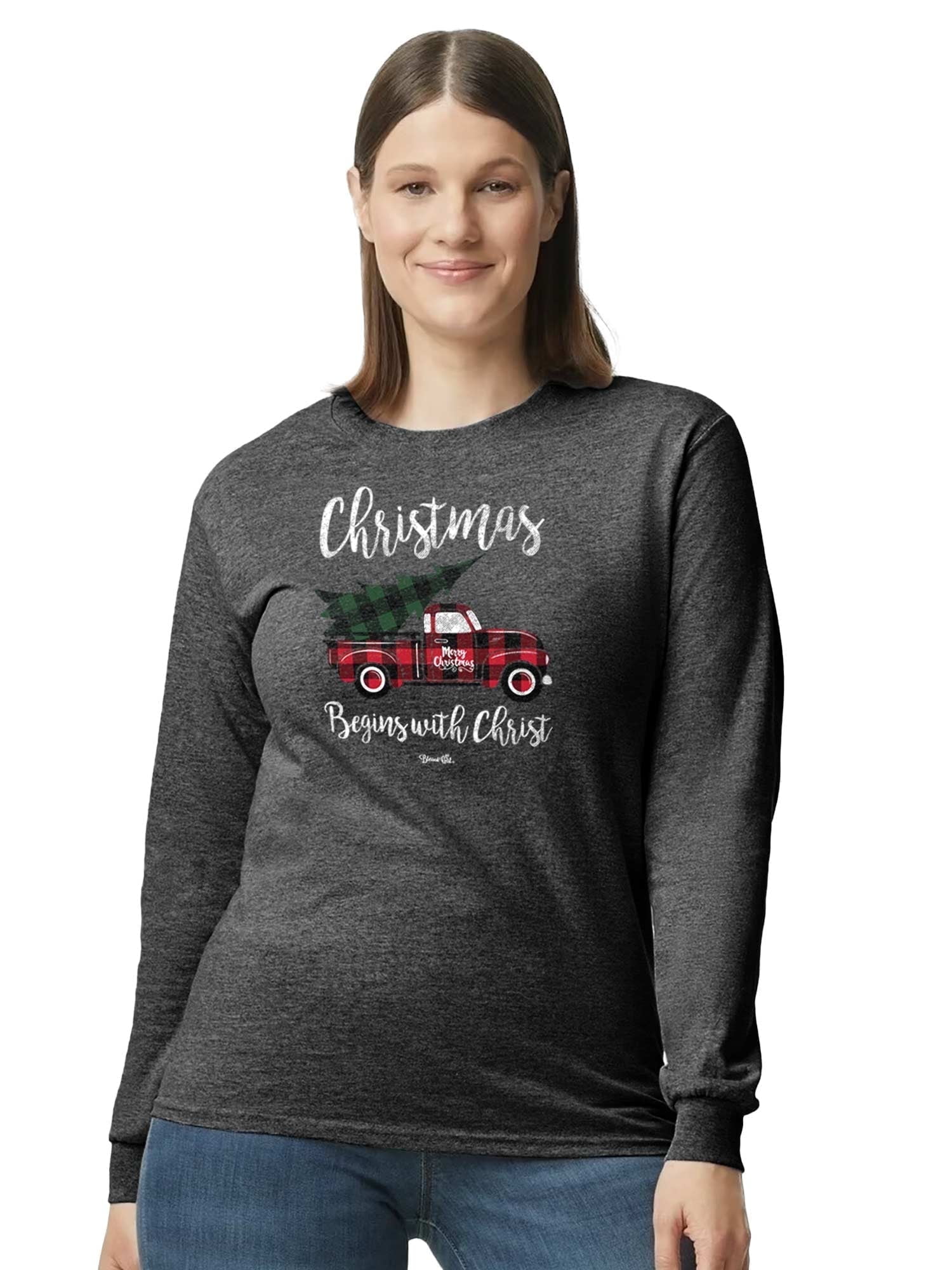 Blessed Girl Womens Long Sleeve T-Shirt Christmas Truck, Charcoal ...