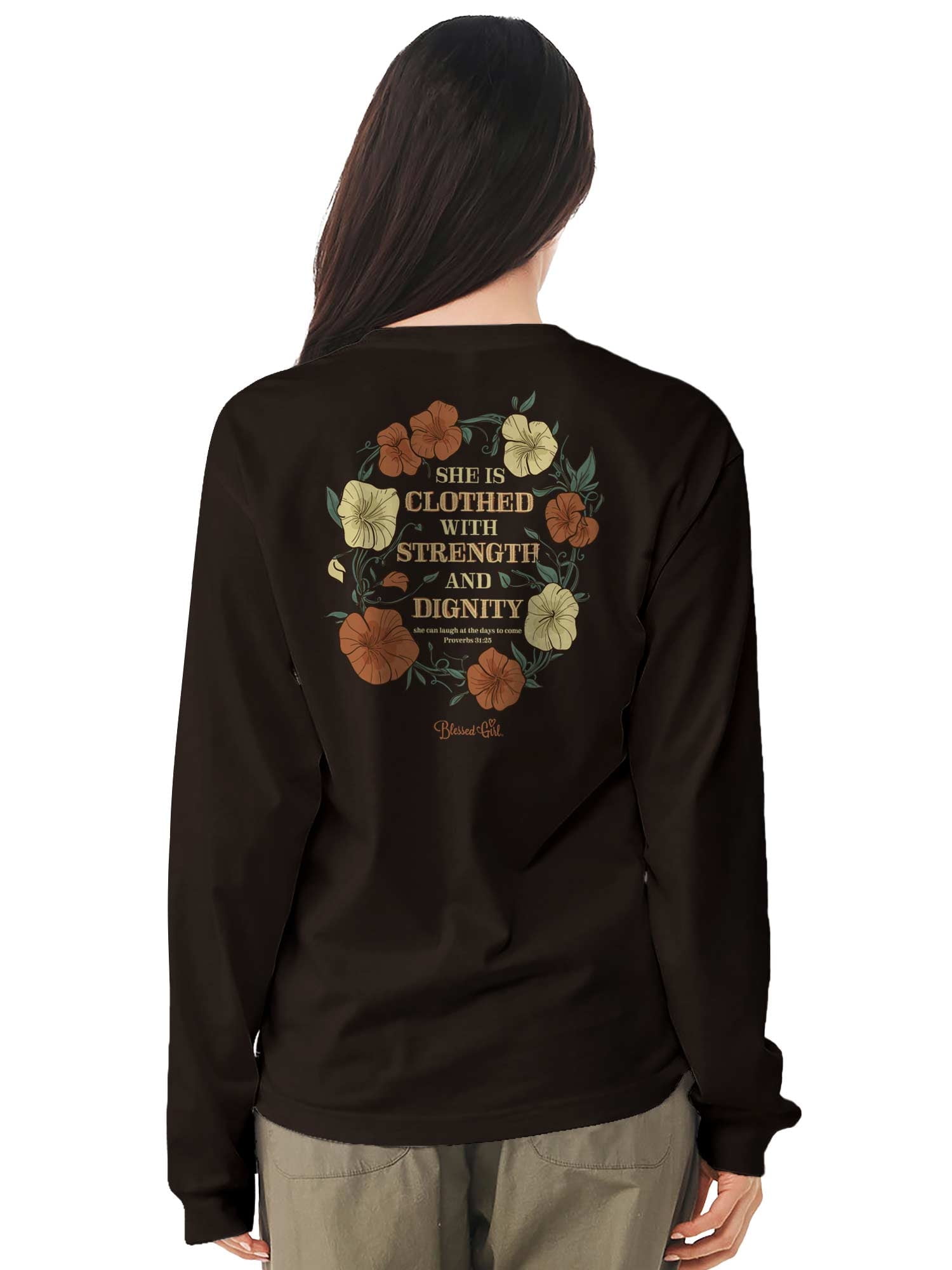 Blessed Girl Womens Long Sleeve T-Shirt Strength & Dignity Floral, Chocolate, 2X - Walmart.com