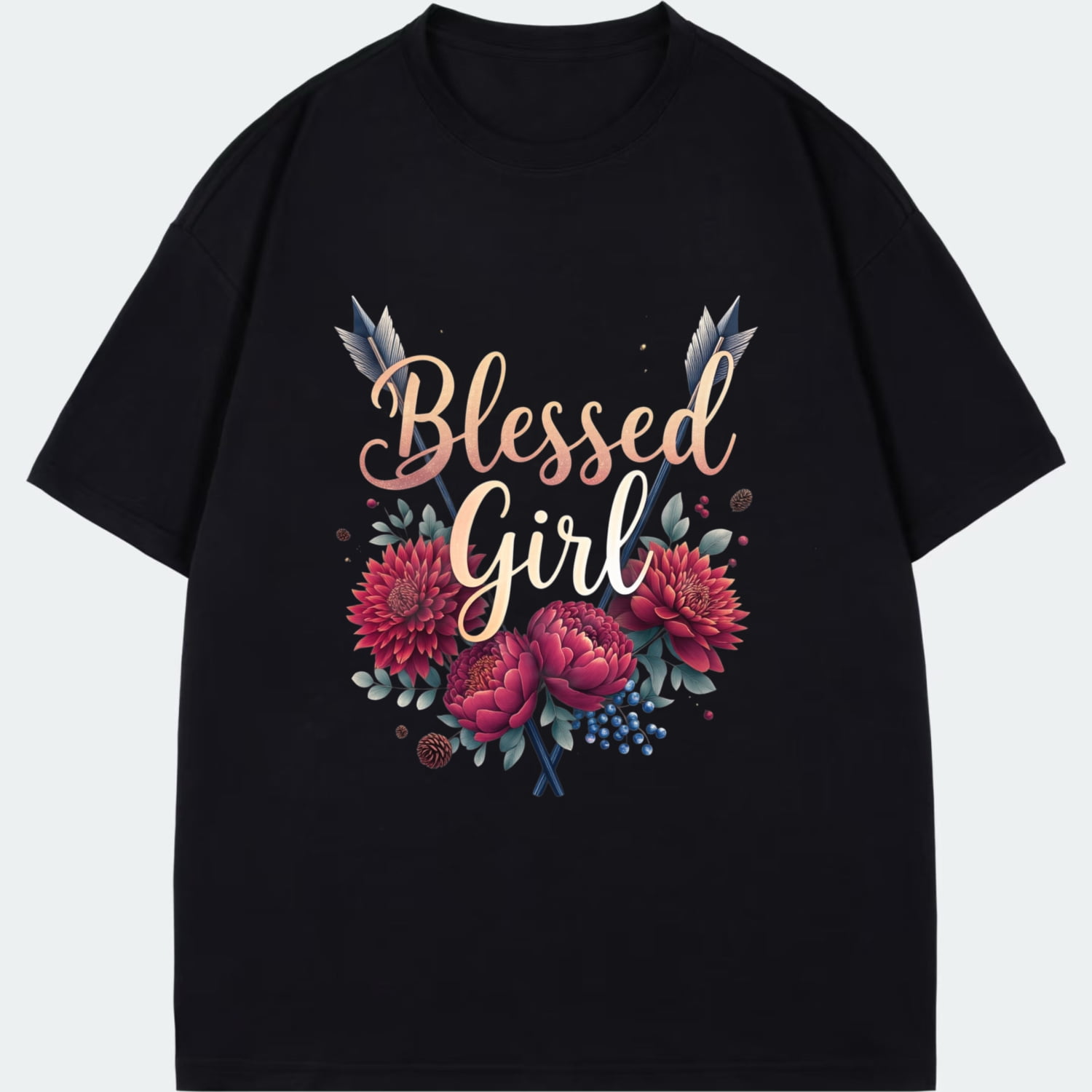 Blessed Girl T Shirt Black Floral And Feather Design With Inspirational ...