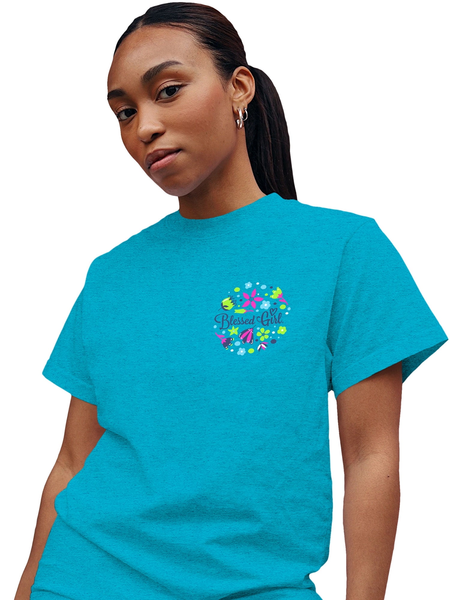 Blessed Girl T-Shirt for Women “Laugh Loud Love More Trust Jesus” Printed, Medium Turquoise ...