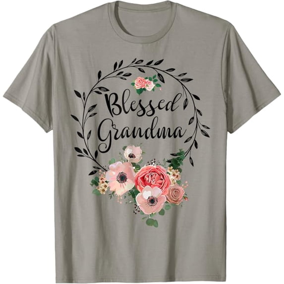 Blessed Grandma Floral Decor T-Shirt, Light Gray with Soft Pink and ...