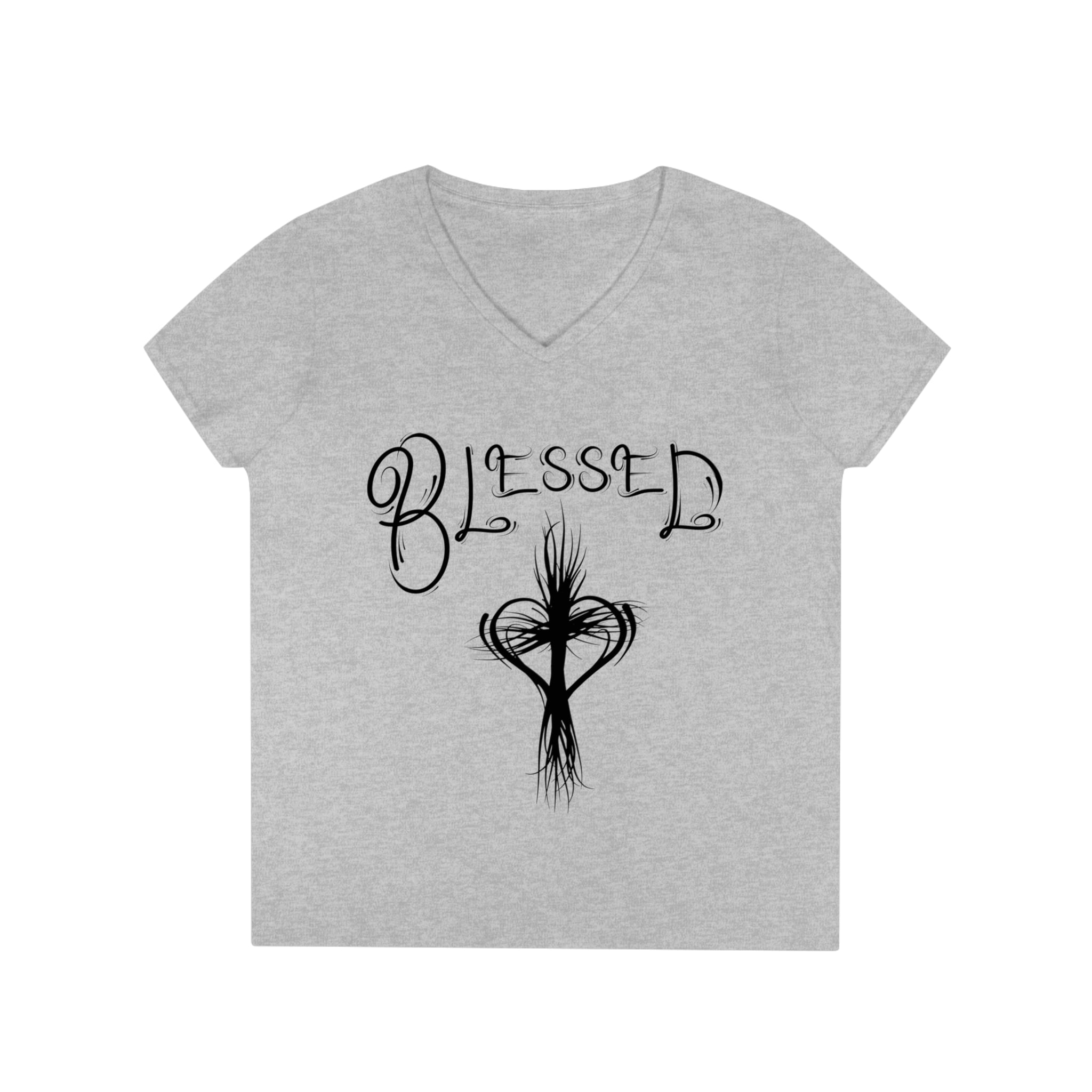 Blessed, Hand drawn, Heart & Cross, Christian Art on a Ladies V-Neck ...