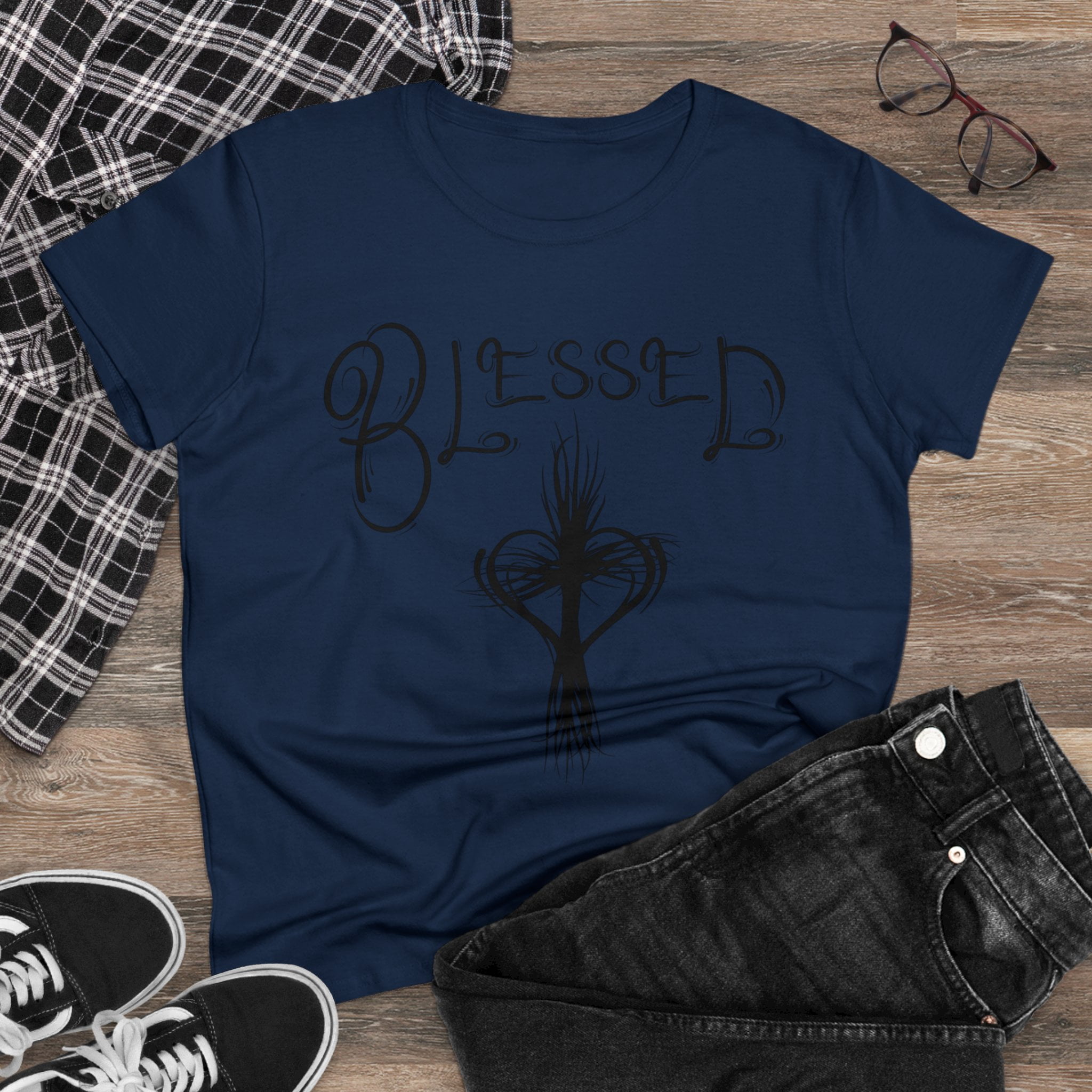 Blessed ,Hand drawn font, Heart Cross, Christian Art on a Women's Shirt. - Walmart.com