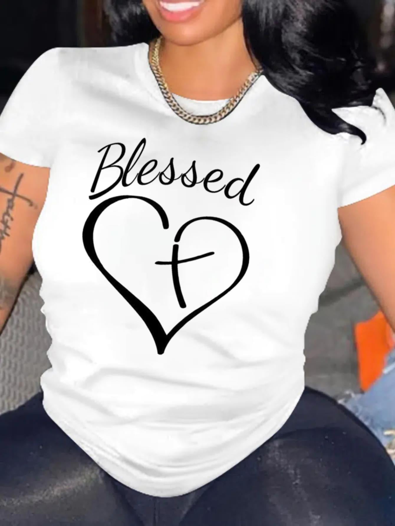 Blessed Heart & Cross Print T-shirt, Crew Neck Short Sleeve T-shirt For ...