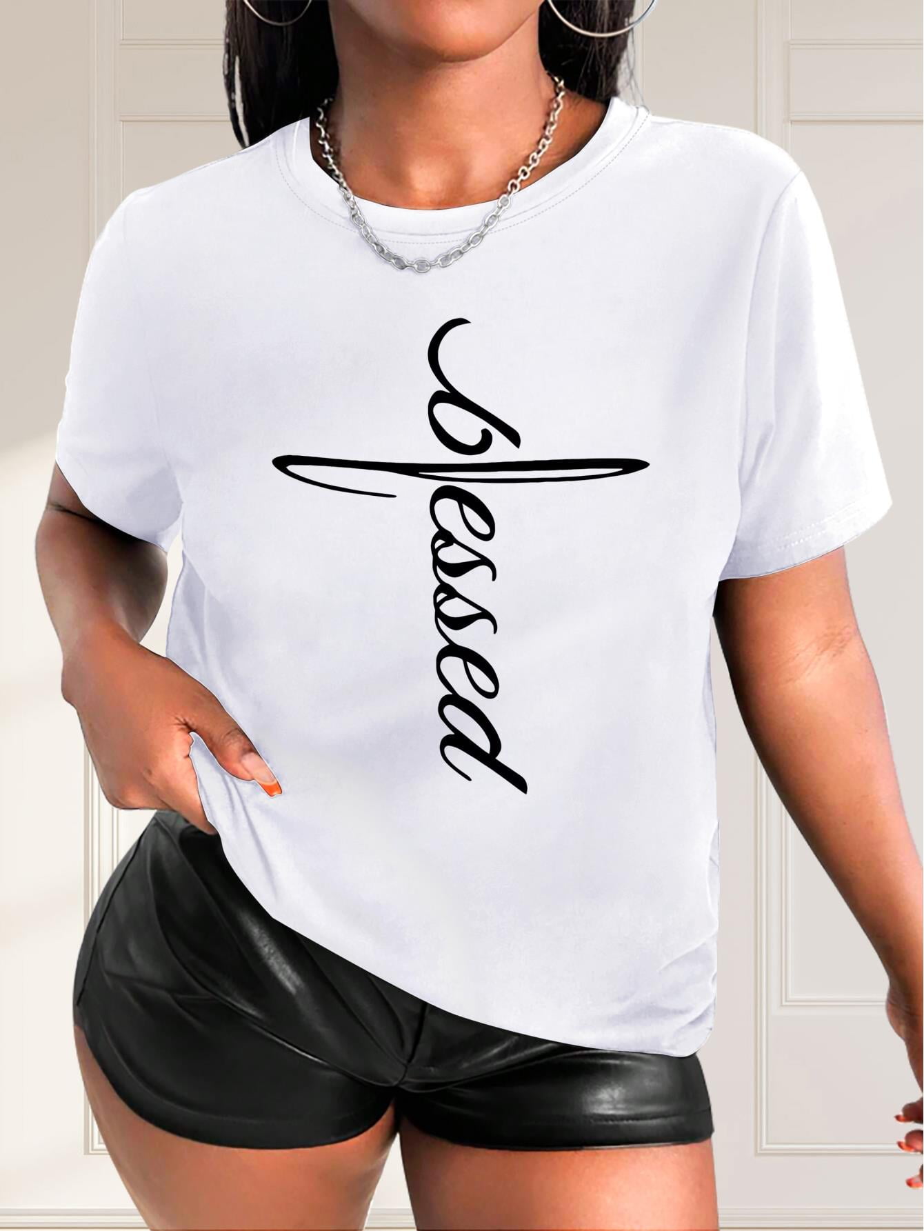 Blessed Letter Print Crew Neck Sports Tee, Versatile Short Sleeves ...
