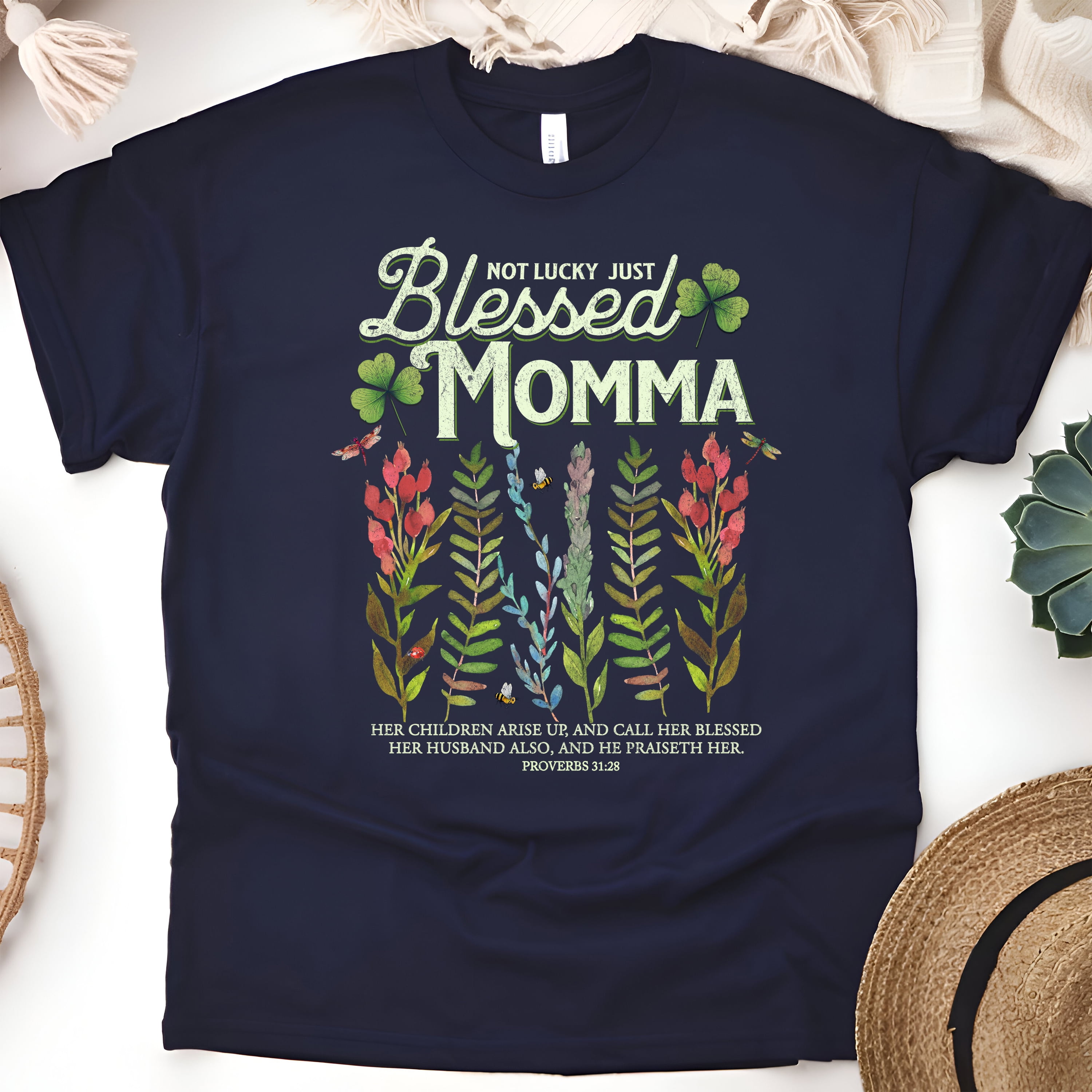 Blessed Momma Shirt – Proverbs 31:28 Clover and Floral Faith Tee, Navy, Size XL - Walmart.com