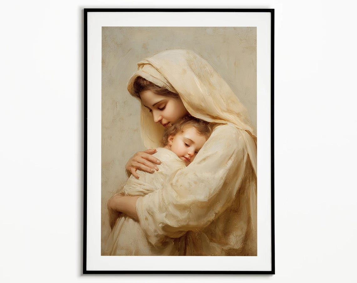 Blessed Mother Mary With Baby Jesus Art, Tender Christian Wall Art ...