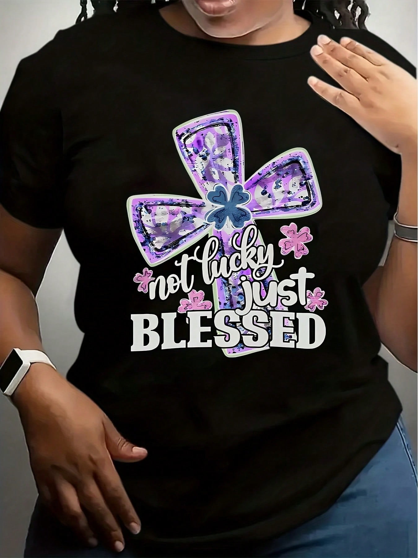 Blessed Not Lucky Shamrock Cross Design Women Graphic Short Sleeve T ...