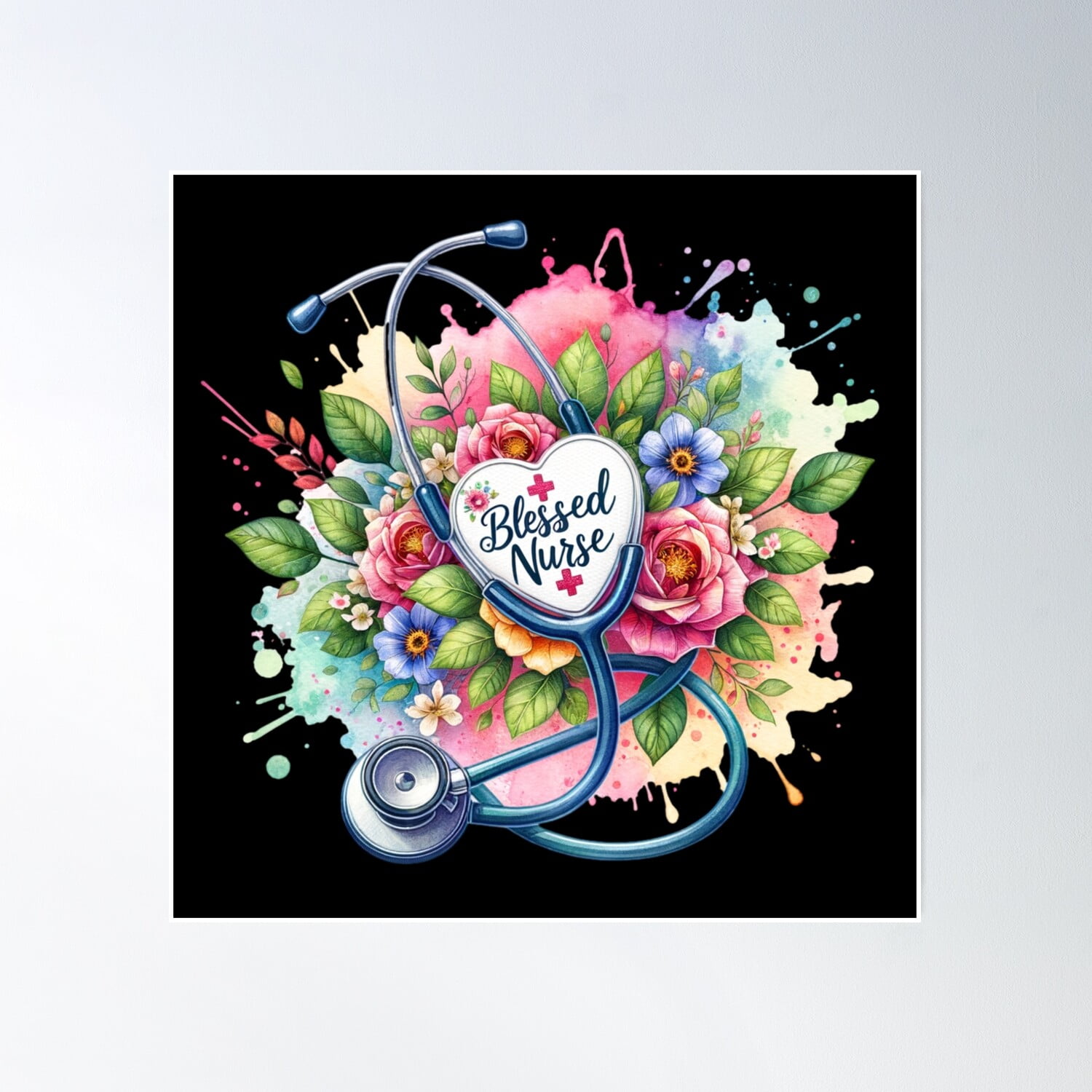 Blessed Nurse – Stethoscope & Florals Poster Wall Art, Modern Wall ...