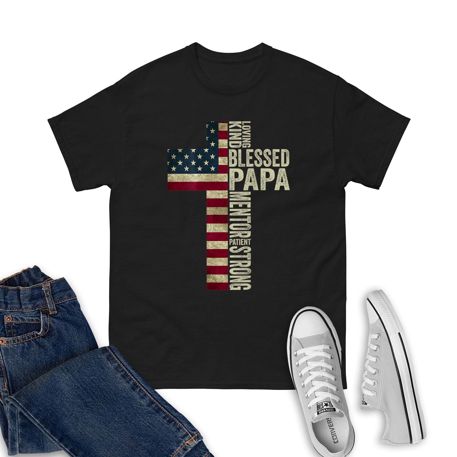Blessed Papa American Flag T-Shirt for Men, Religious Father's Day Gift for 4th of July ...