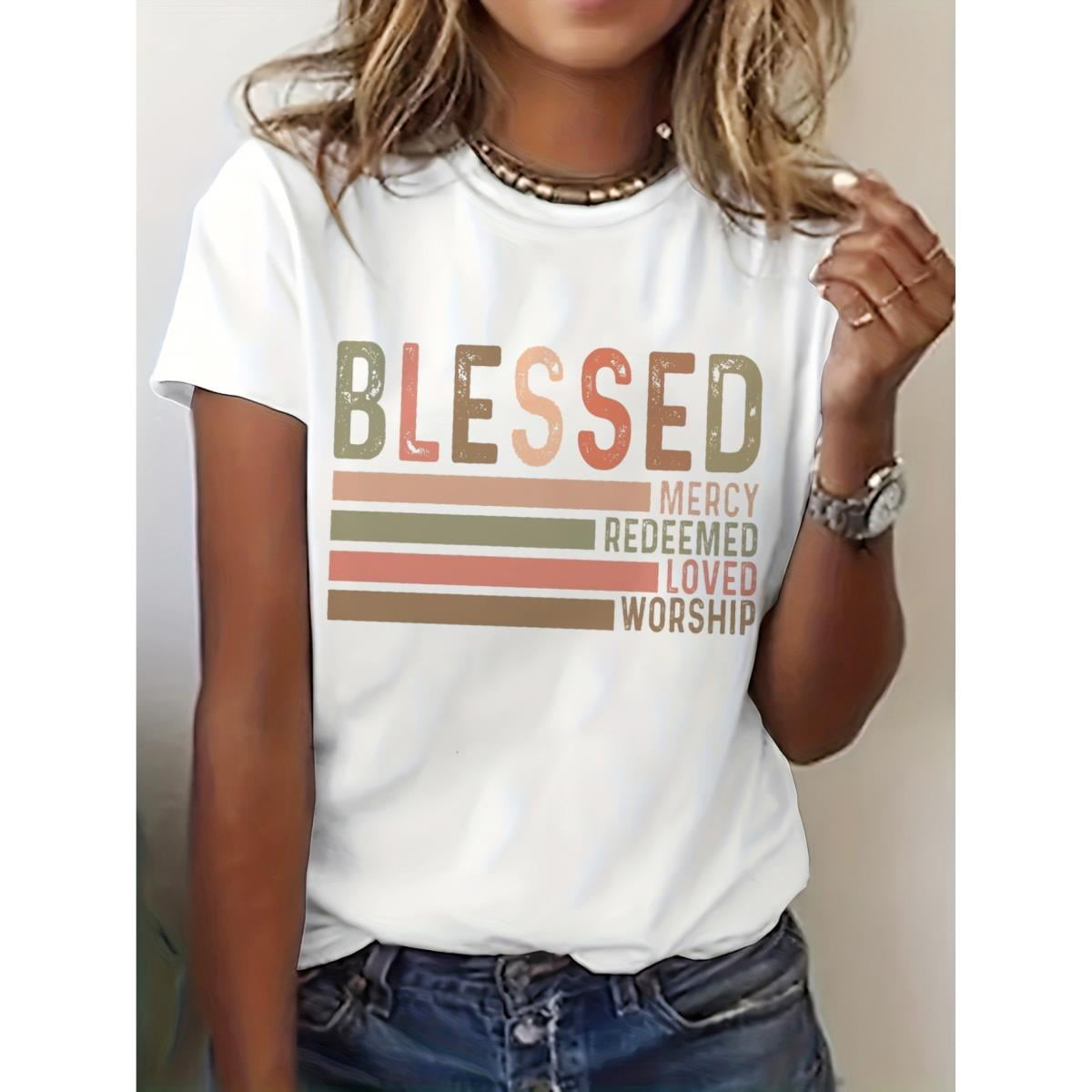 Blessed Positive Words Print Crew Neck Short Sleeve T-shirt, Cotton Casual Summer Women'S ...
