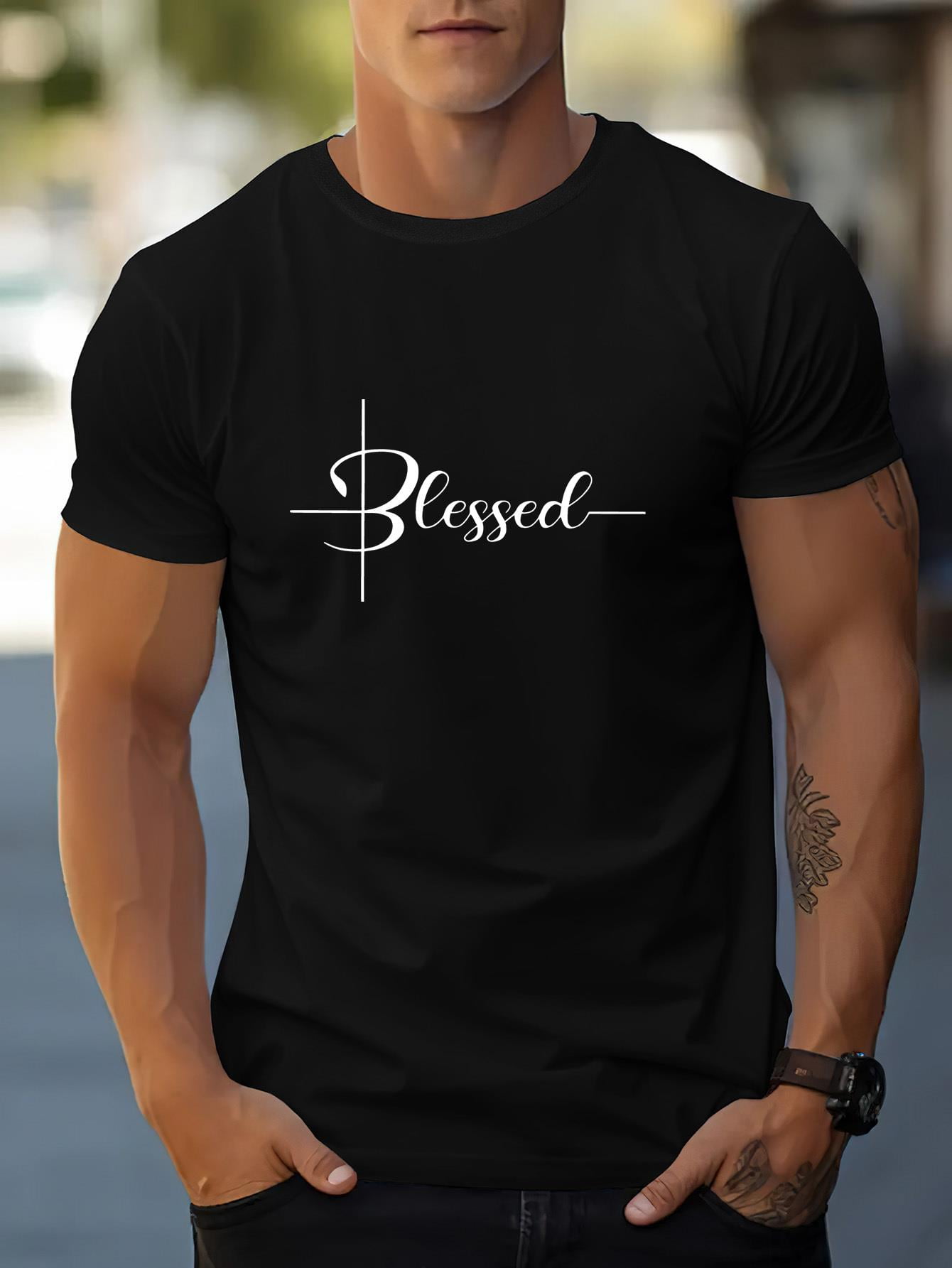 Blessed Print Men's Crew Neck Fashionable Short Sleeve Sports T-shirt ...