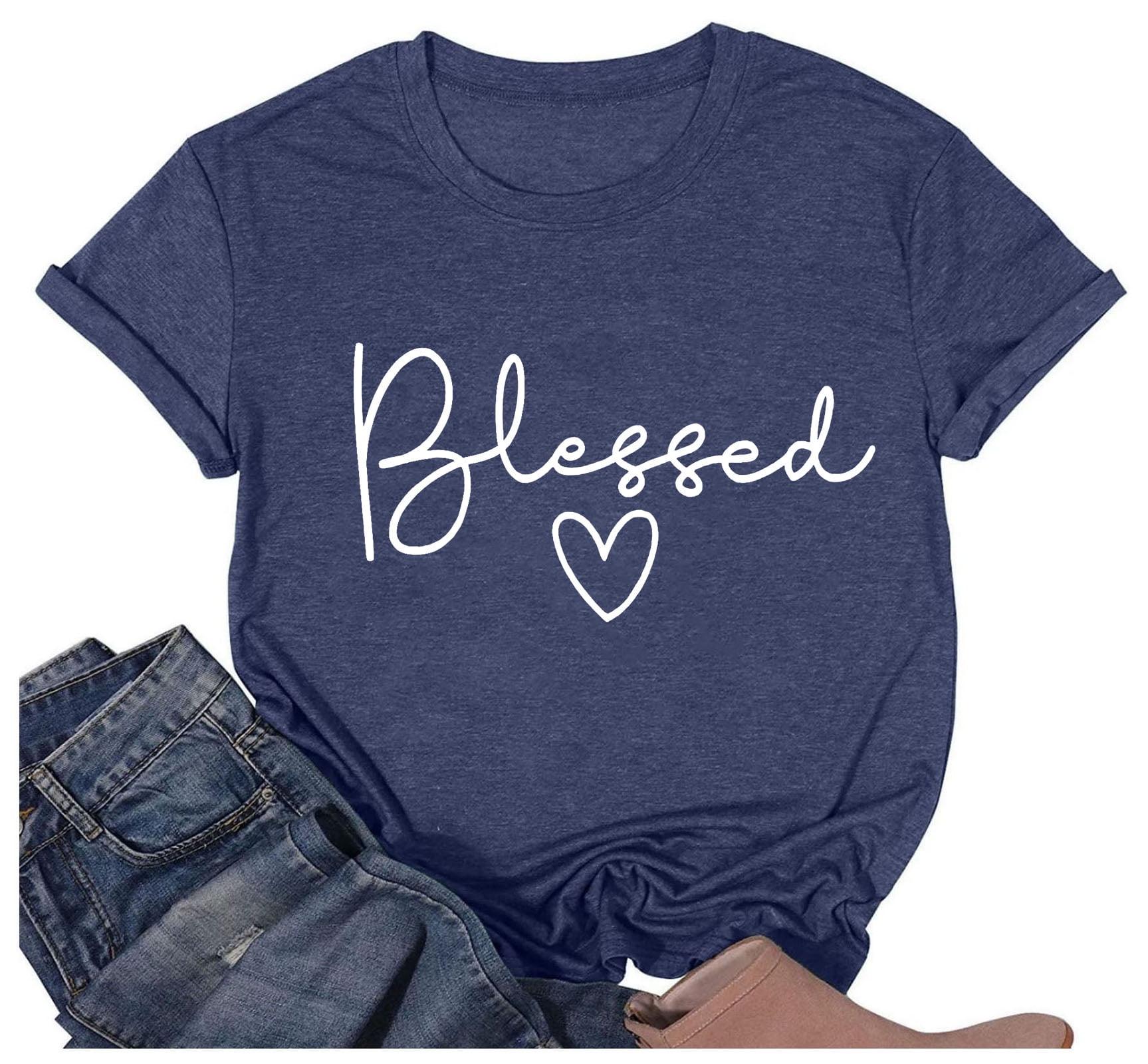 Blessed Shirt Women Short Sleeve Crew Neck Cute Tee Graphic Shirts Tops ...
