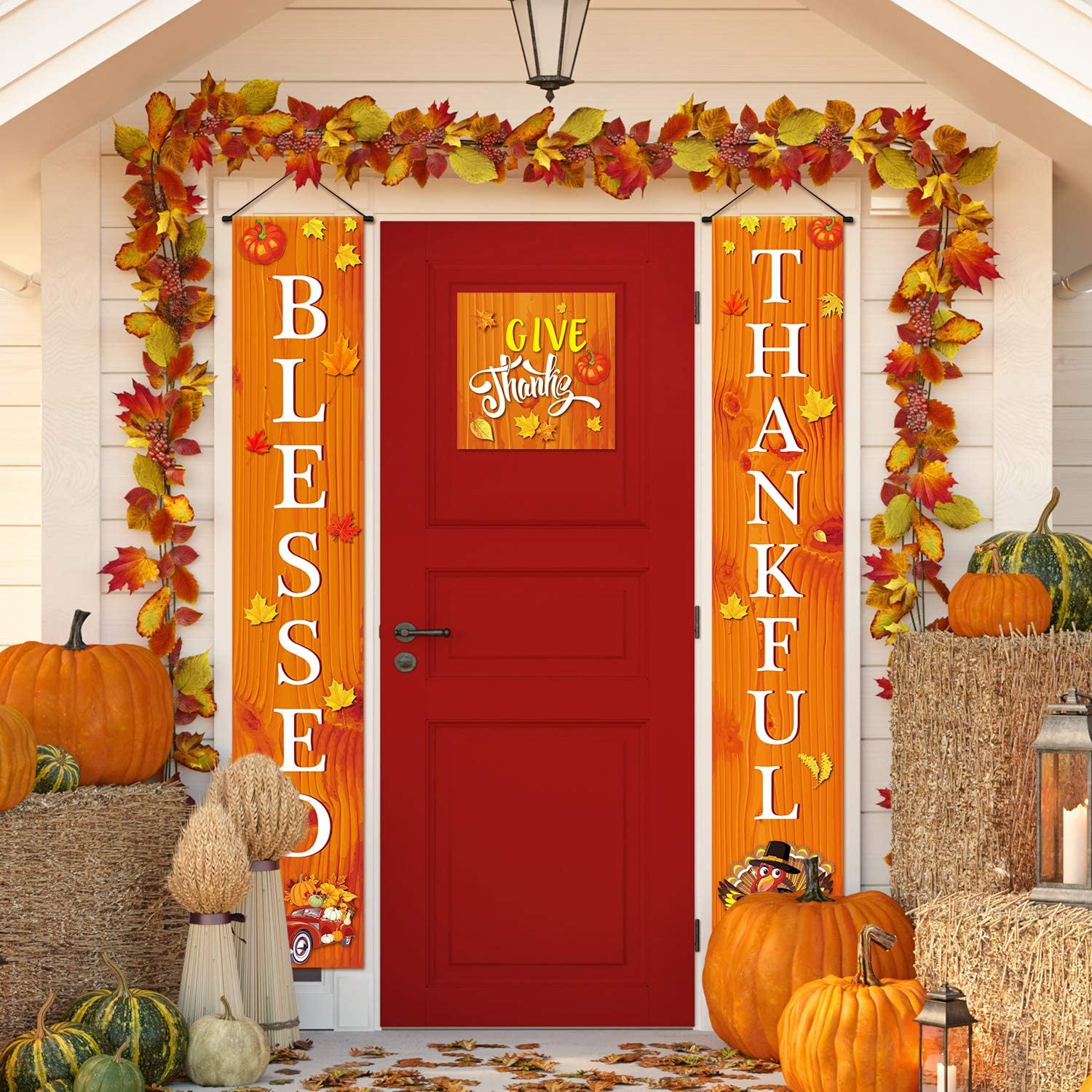 Blessed Thankful Hanging Banner Fall Harvest Welcome Banner Porch Sign ...