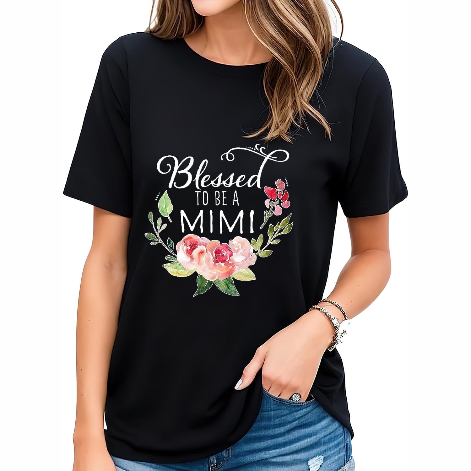 Blessed To Be A Mimi With Pink Flowers Women's Plus Size T Shirt Black ...