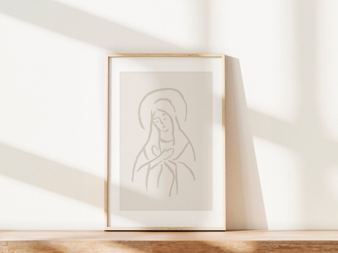 Blessed Virgin Mary Abstract Brush Painting Line Wallart Minimal Modern ...
