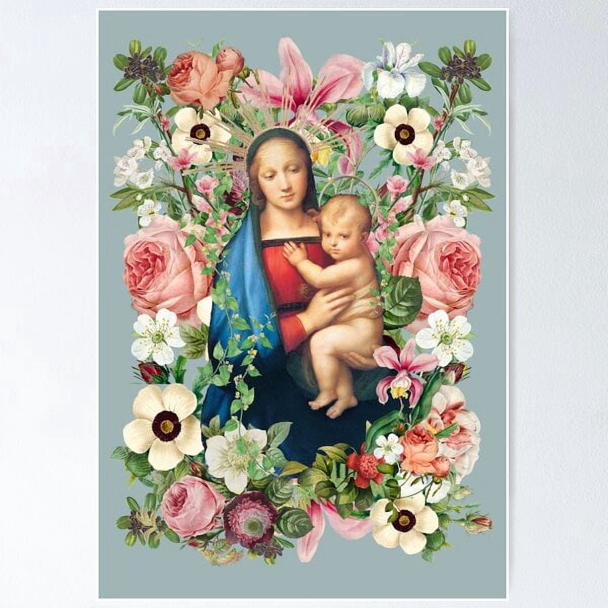 Blessed Virgin Mary And Cute Baby Jesus Surrounded By Vintage Flowers ...