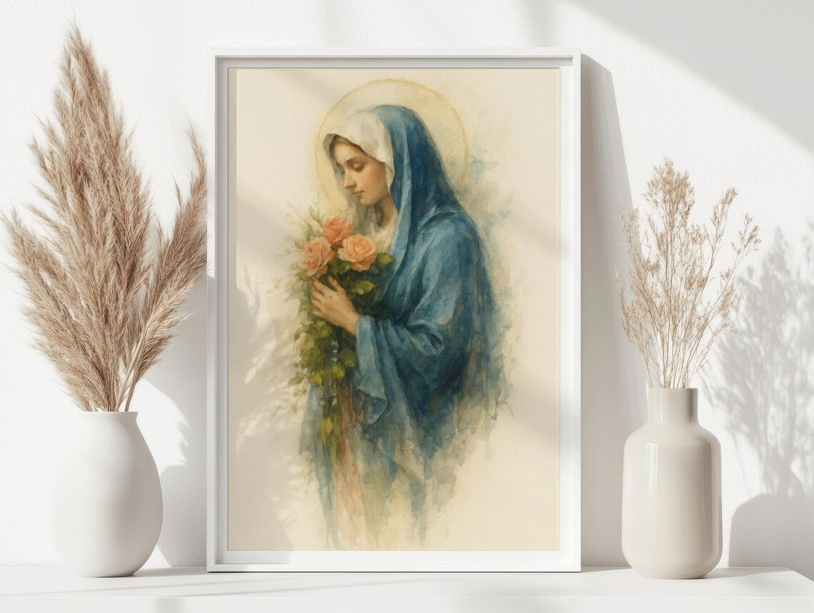 Blessed Virgin Mary Watercolor Art Print: Catholic Home Decor Digital ...