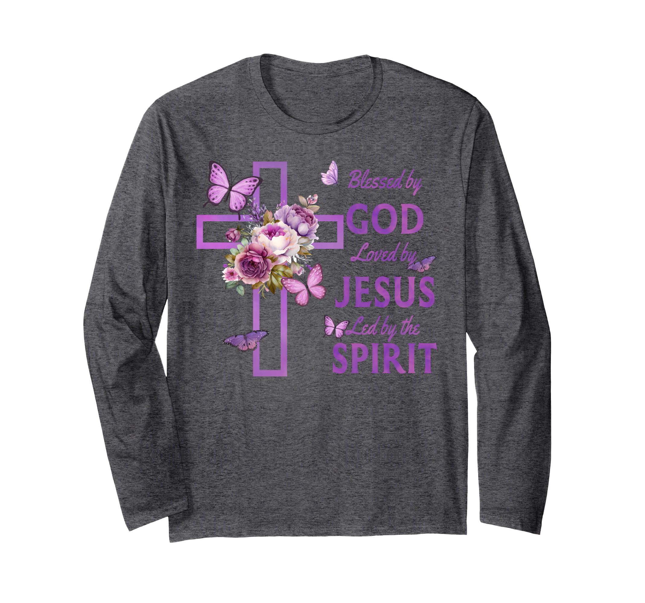 Blessed by God Loved by Jesus Purple Cross Long Sleeve T-Shirt with ...