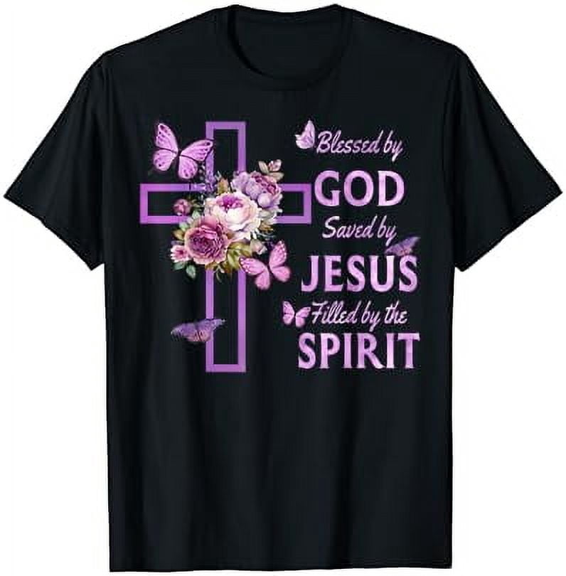 Blessed by God Saved by Jesus Purple Floral Cross Christian T-Shirt ...