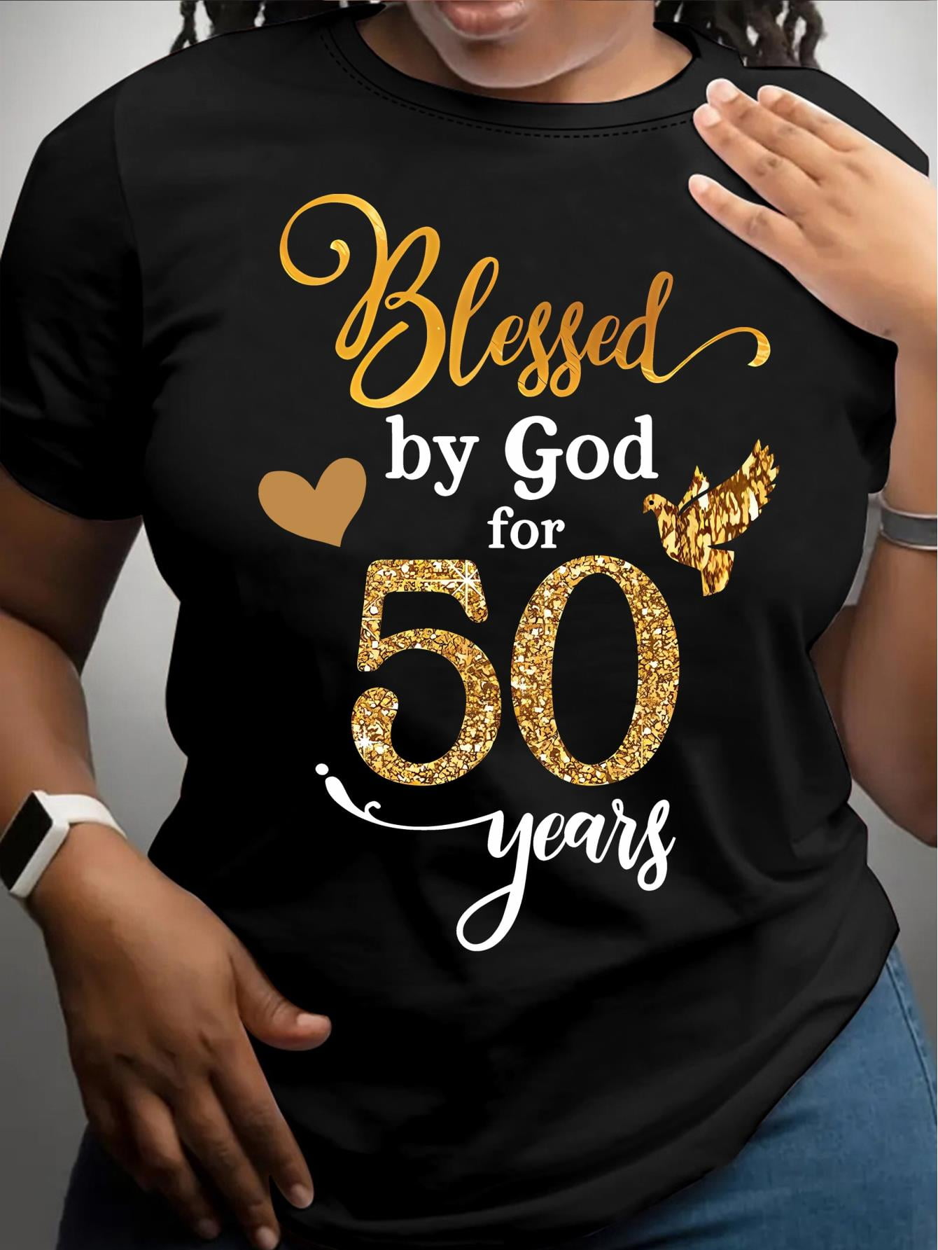 "Blessed by God for 50 Years" Glittering Number, Casual Crew Neck Short ...