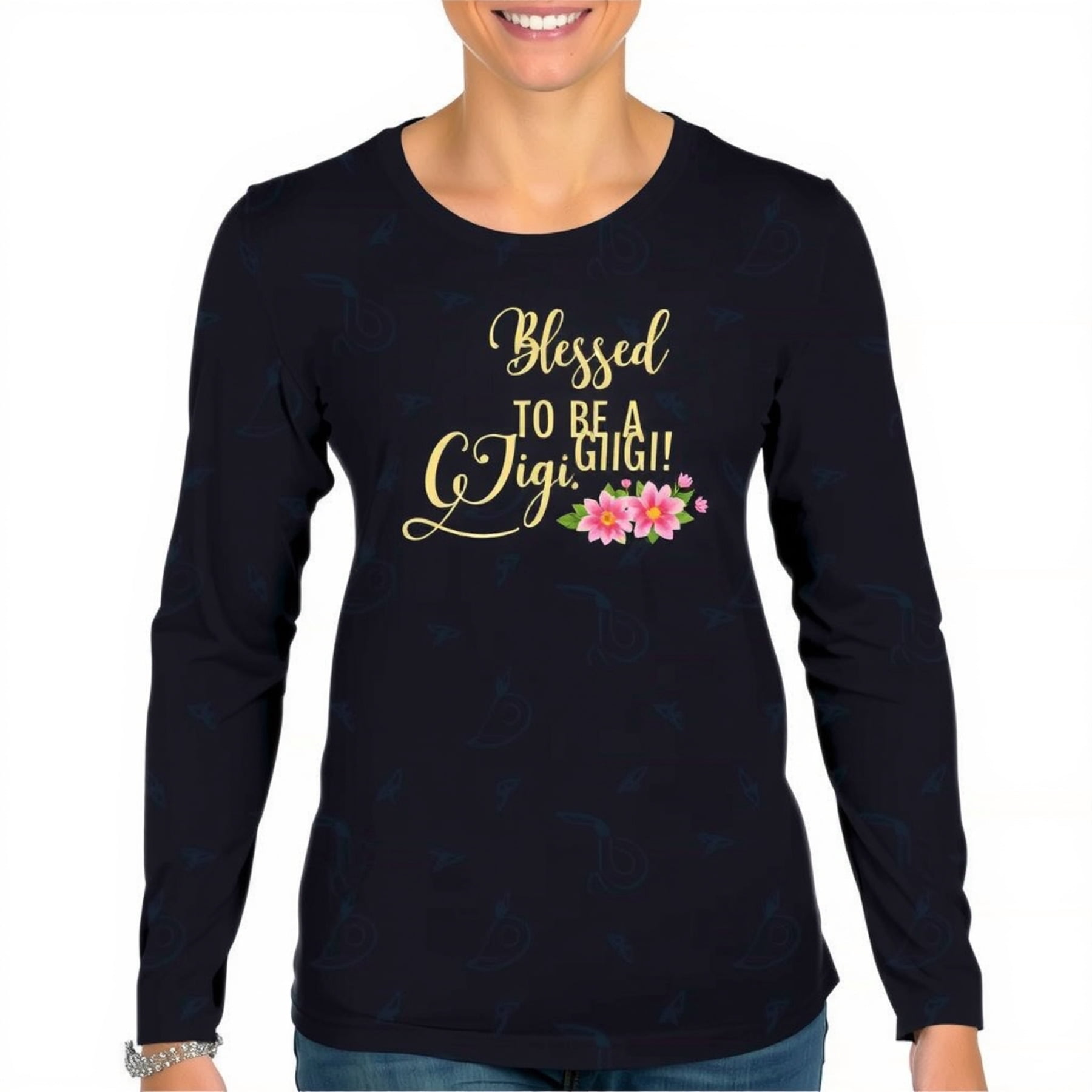 Blessed to be a Gigi Long Sleeve Black T-Shirt with Floral Design for ...
