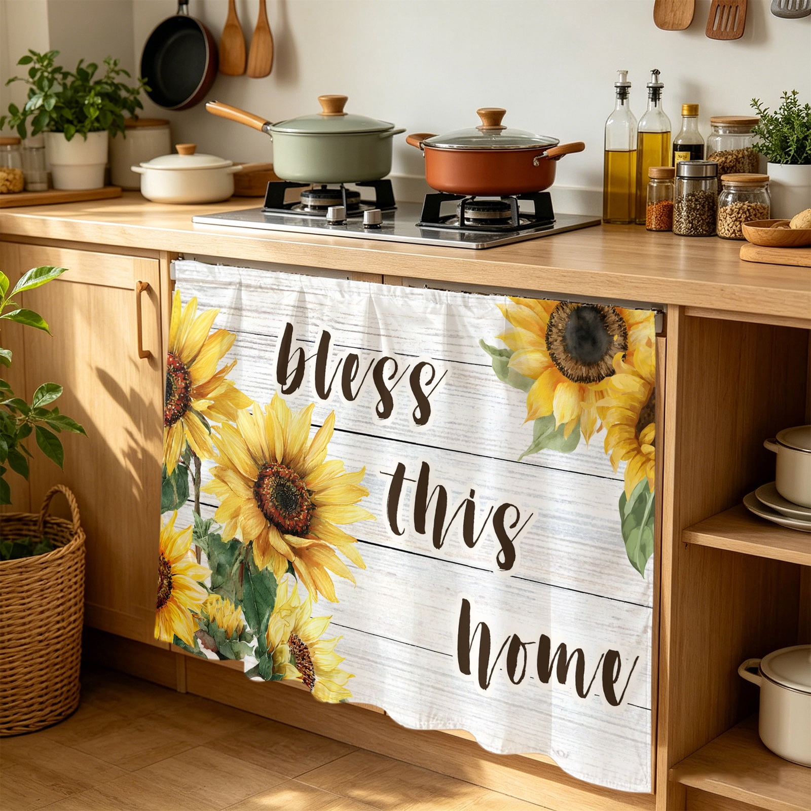 Blesses This Home Cabinet Curtains 35" W x 35" L Sunflower Floral White ...