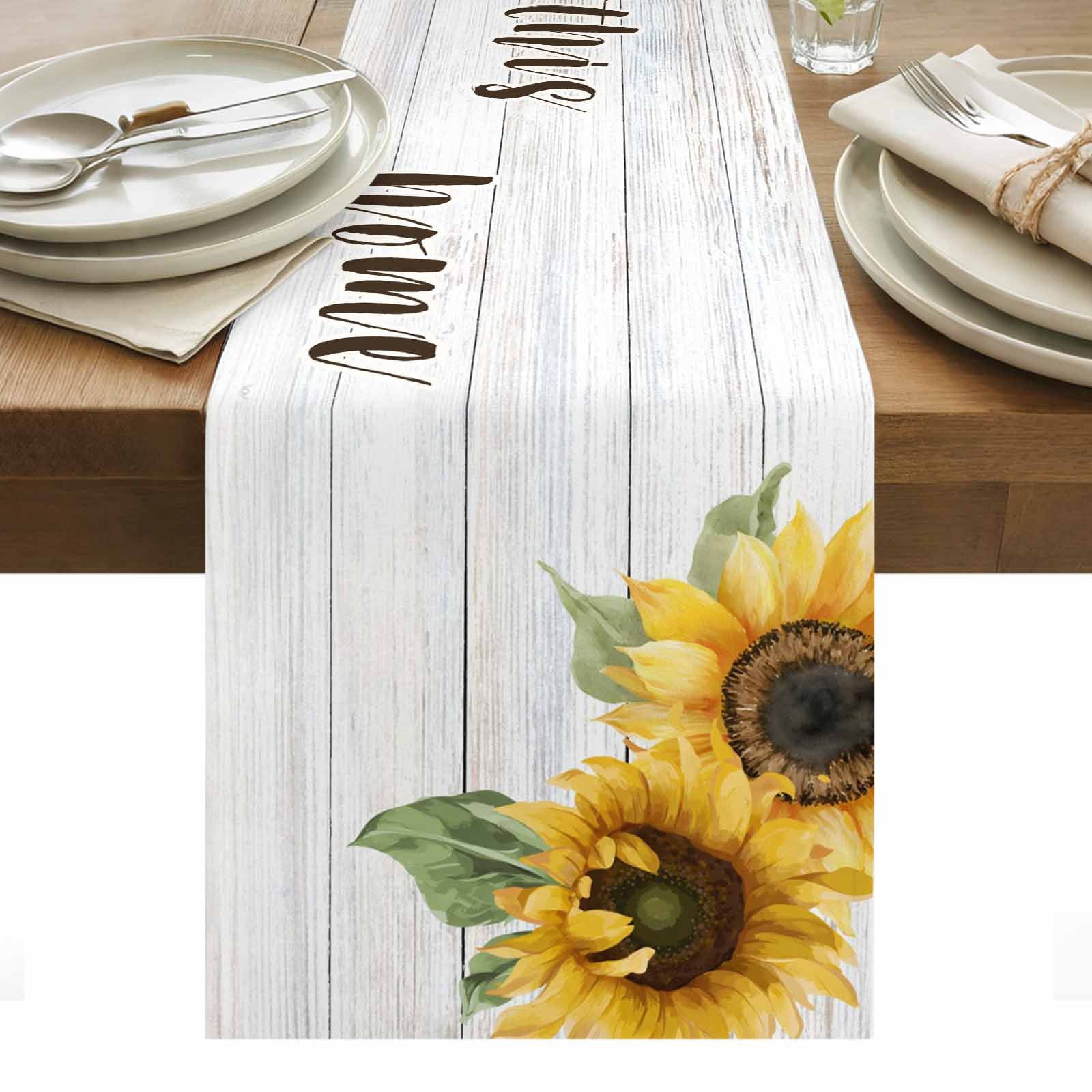 Blesses This Home Cotton Linen Table Runner Sunflower Floral White Wood ...