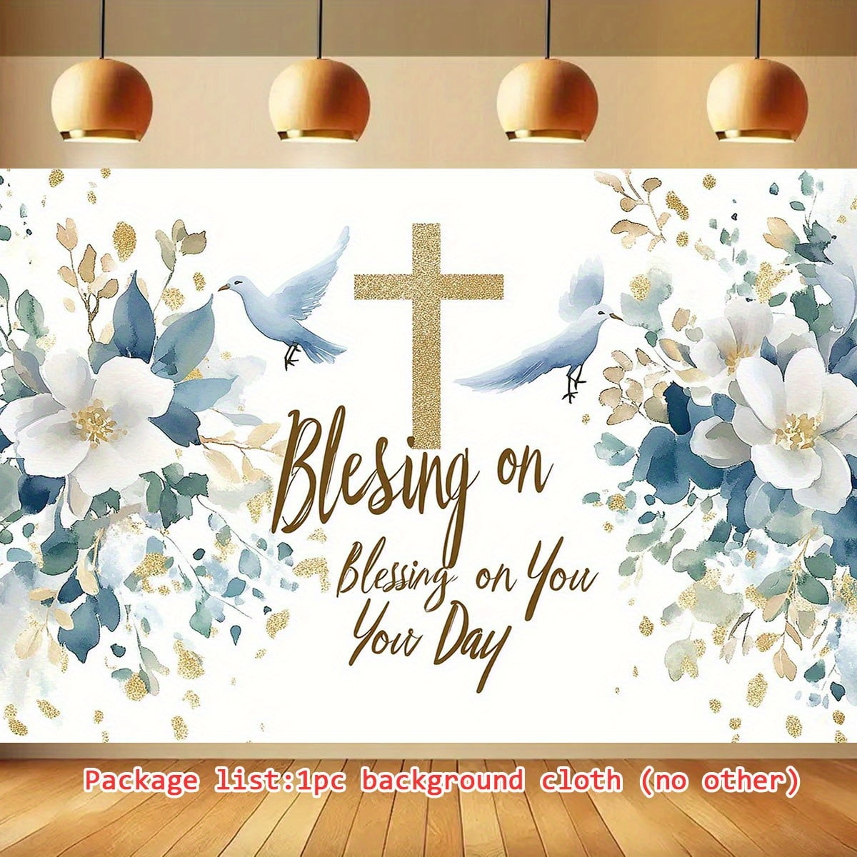 Blessing on Your Day Backdrop Blue Floral Golden Glitter Cross First ...