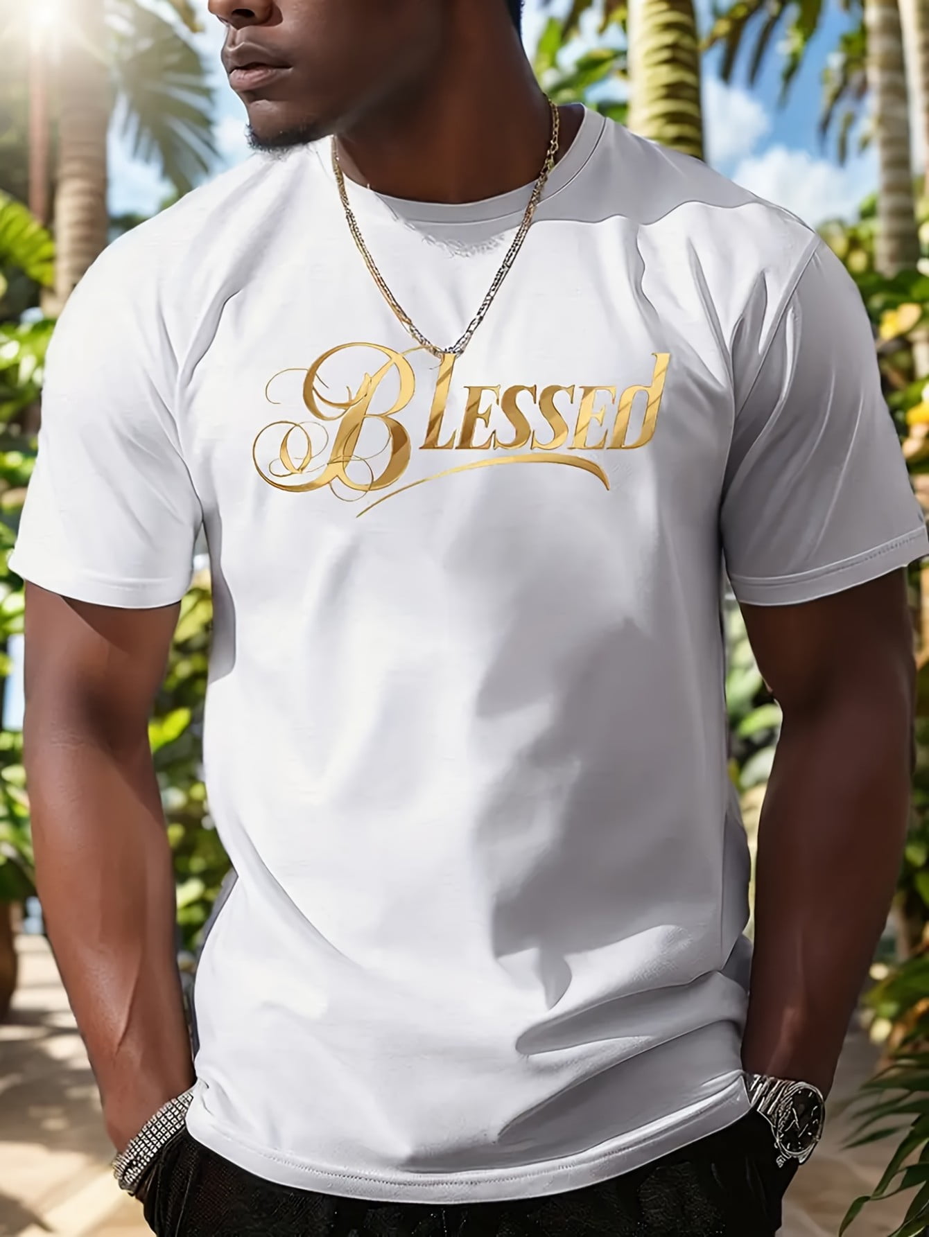 [Blessing Golden T-shirt] Golden Font Printed Men's Casual T-shirt ...