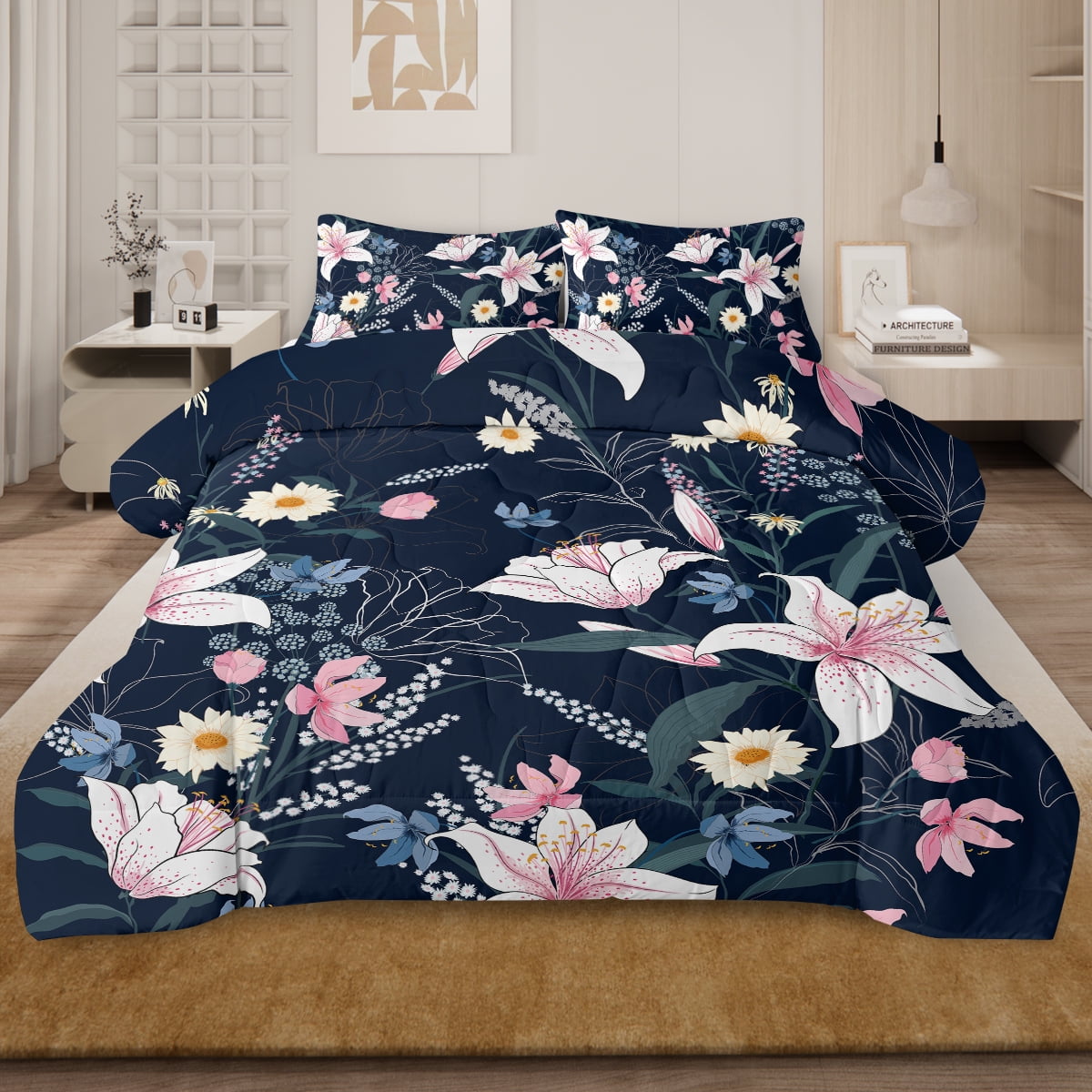 BlessLiving 3 Pieces Floral Queen Comforter Sets for Girls, Pink Lily ...