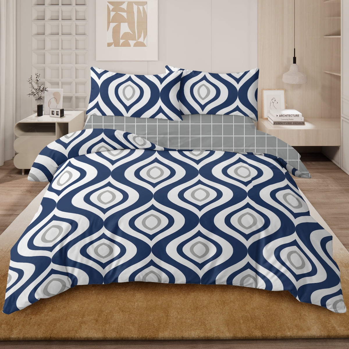 BlessLiving 3Pcs Abstract Duvet Cover Set King, Navy Vintage Bedding ...