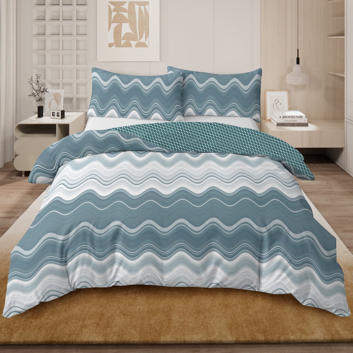 BlessLiving Blue Waves Duvet Cover Set Queen 3Pcs Pattern Modern Soft ...