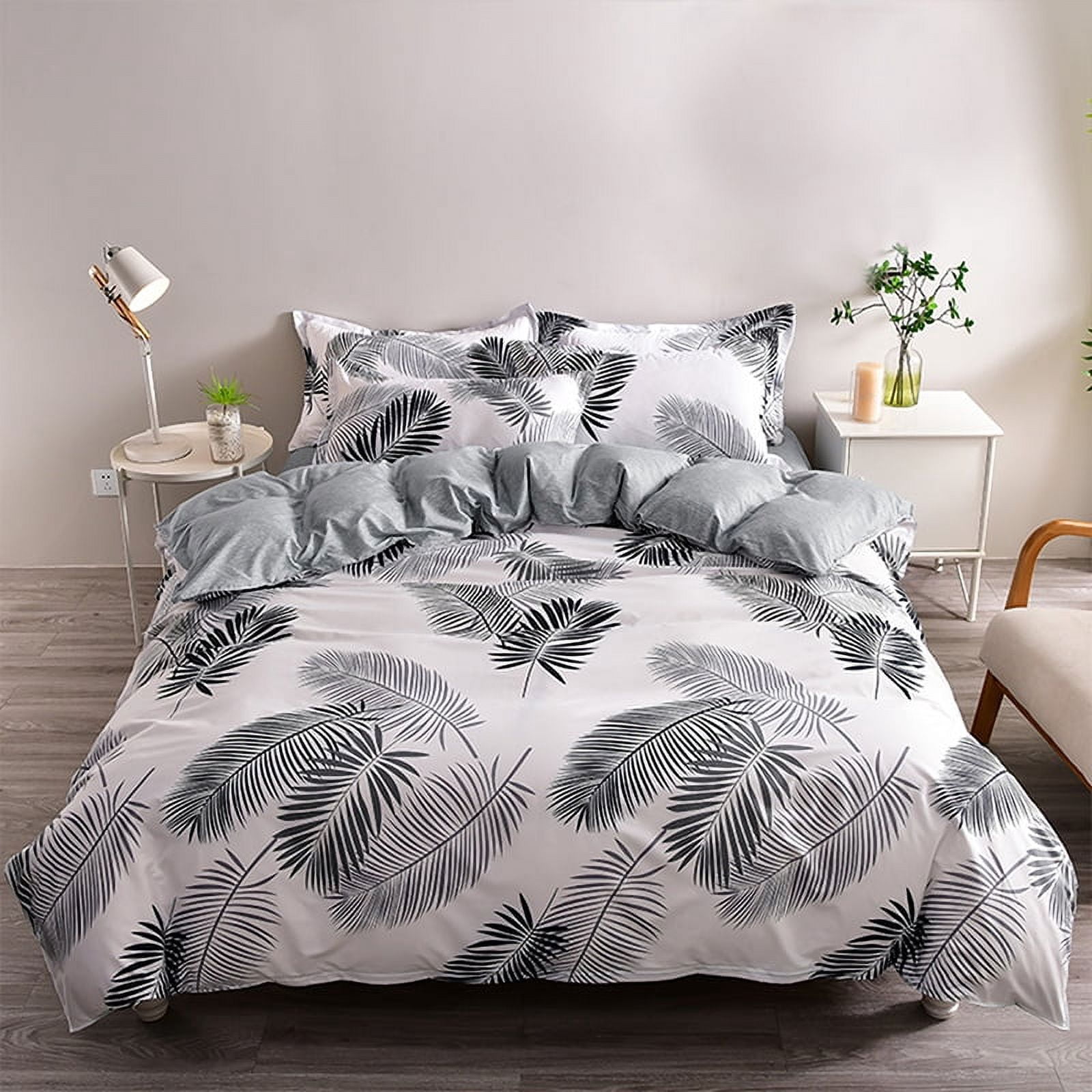 BlessLiving 3Pcs Leaves Pattern Cover Set Full Size Light Gray Duvet ...