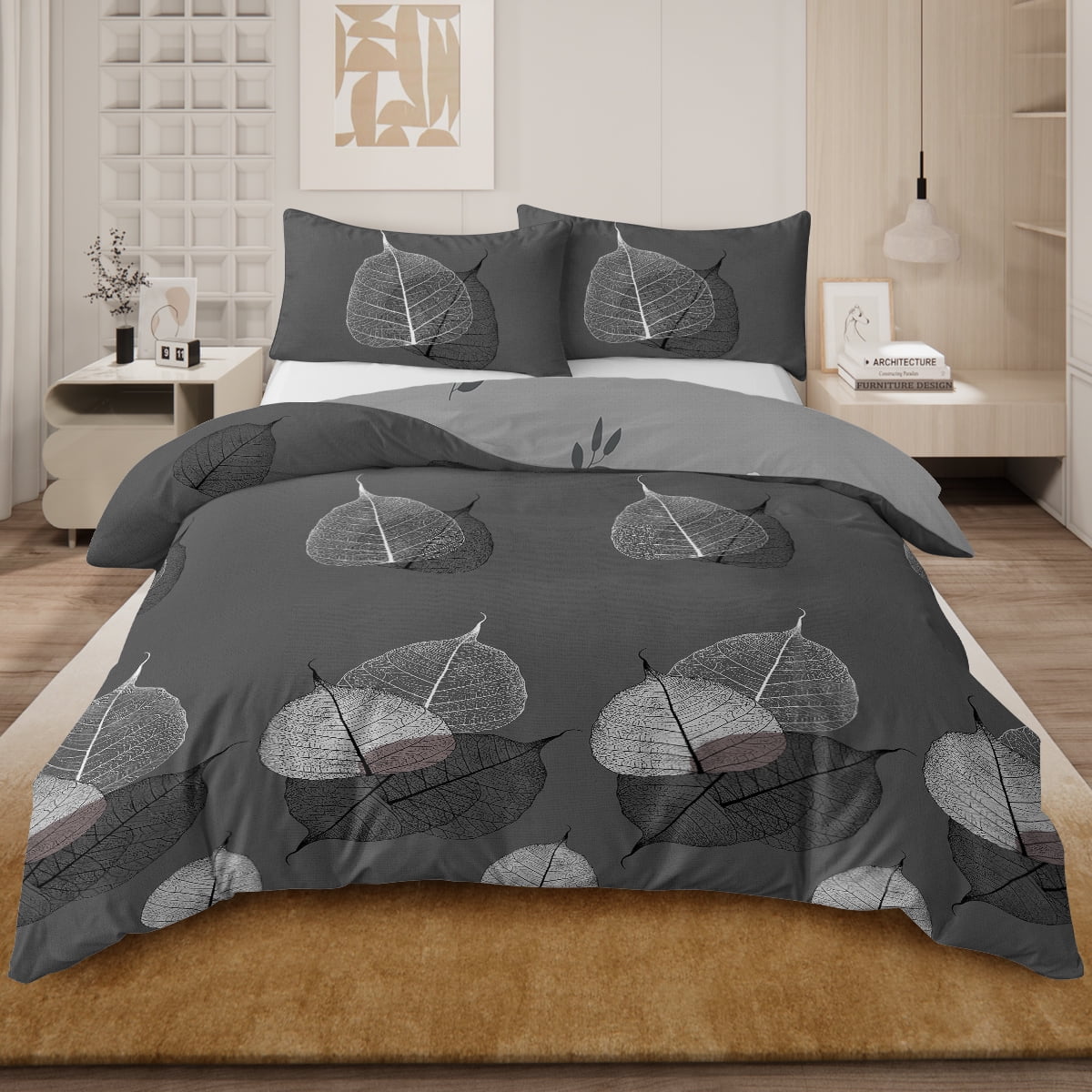 BlessLiving 3Pcs Dark Gray Duvet Cover Set Twin Size Leaves for Teens ...