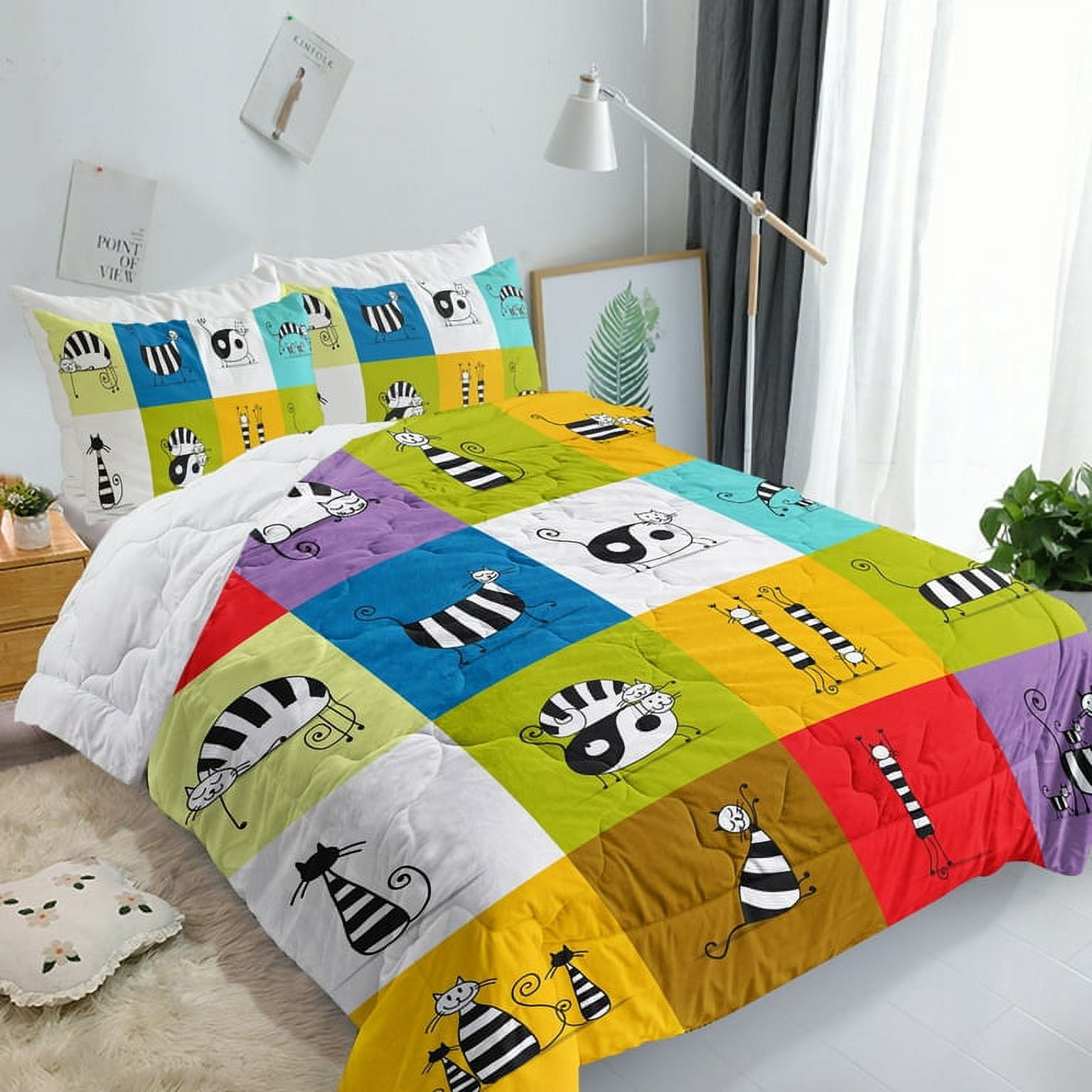 blessliving-checkered-cat-comforter-set-full-3pcs-colorful-reversible