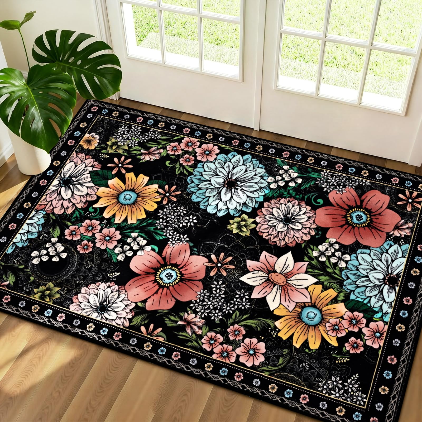 Bleum Cade Door Mat Indoor Entrance 2x3,Boho Floral Area Rug, Washable ...