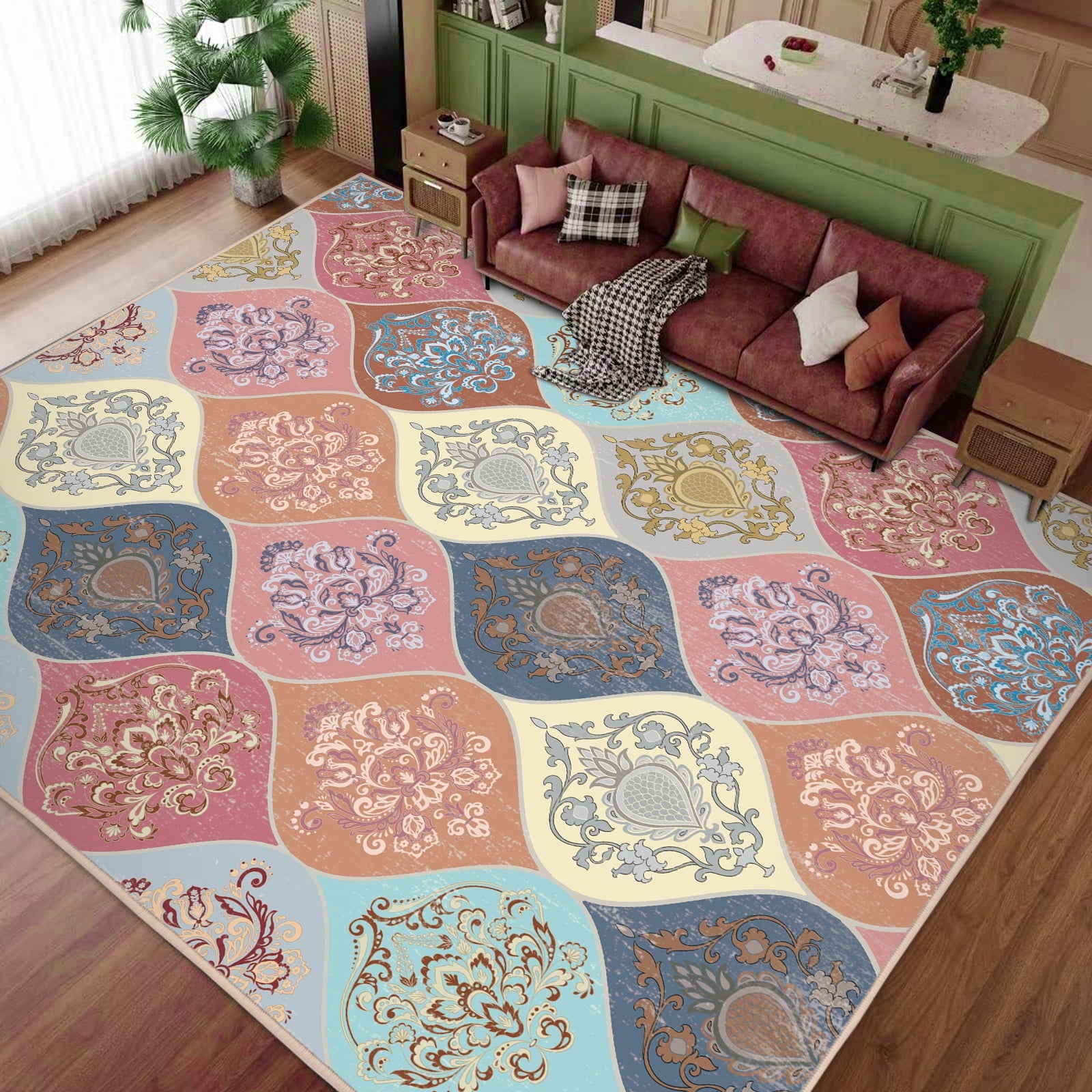 Bleum Cade Boho Floral Area Rug 5x7 Washable Soft Faux Wool Rug Carpet ...