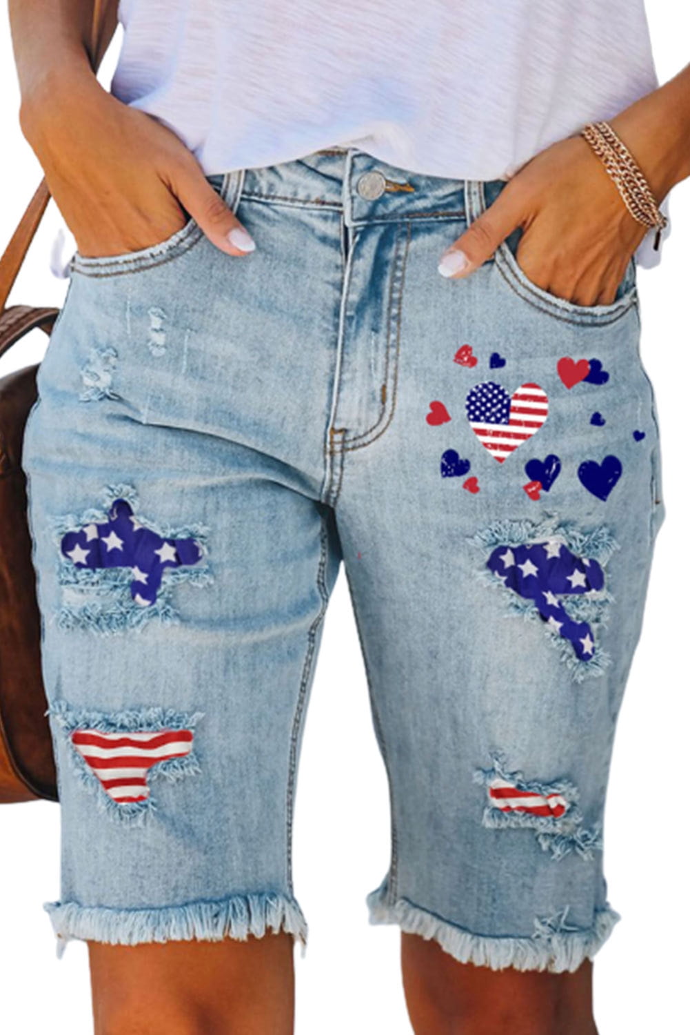 Blibea Denim Bermuda Shorts with American Flag Patch Mid Waist Ripped ...