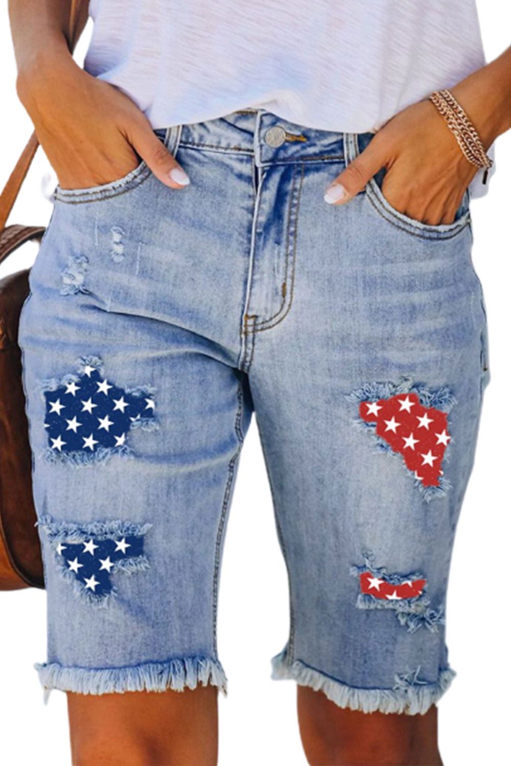 Blibea Distressed Ripped Bermuda Jean Shorts for Women Star Print Mid ...