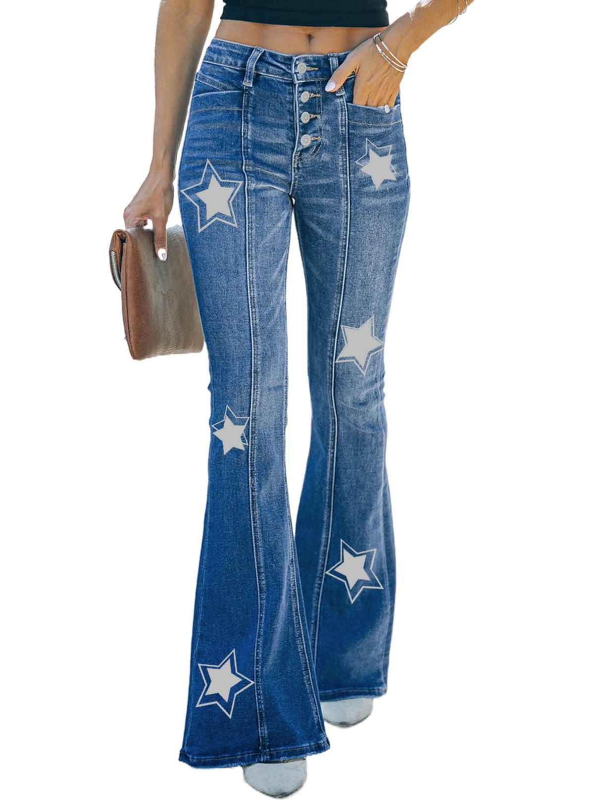 Blibea Flare Jeans for Women High Waist Bootcut Jean Star Print Bell ...