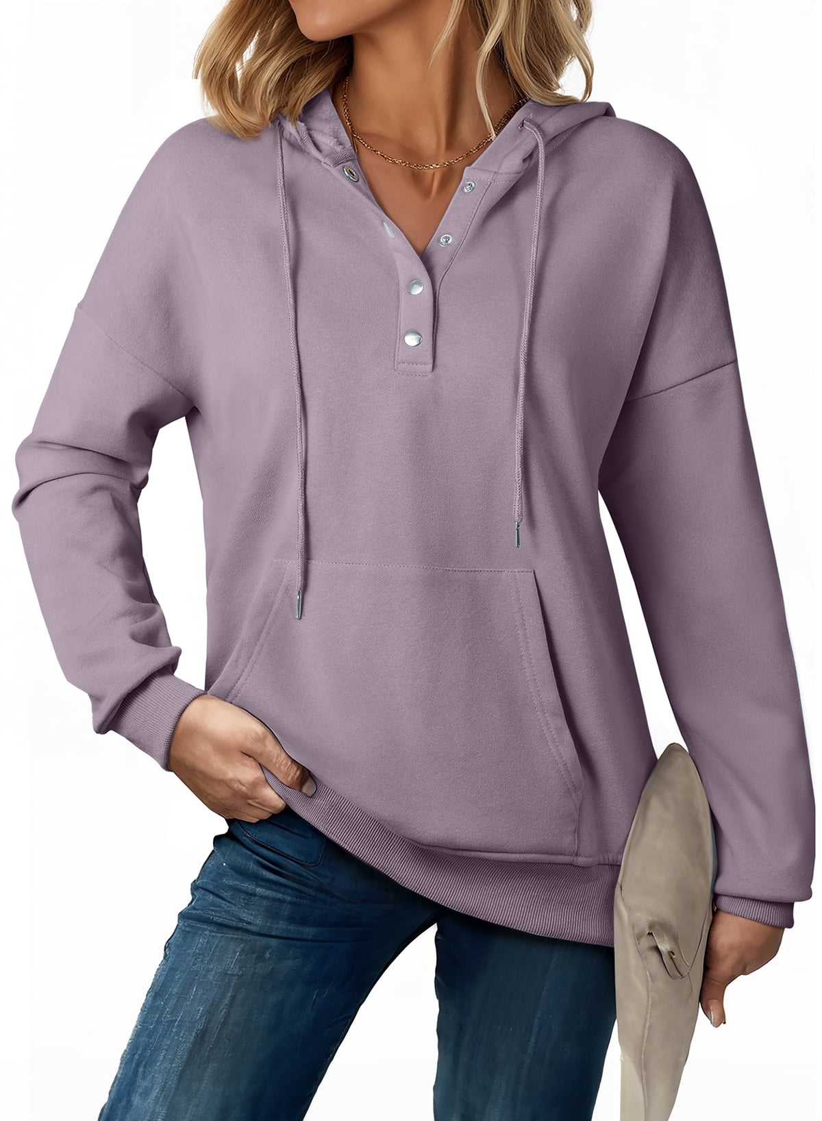 Blibea Women's Hooded Sweatshirt with 1/4 Button Closure, Long Sleeve ...