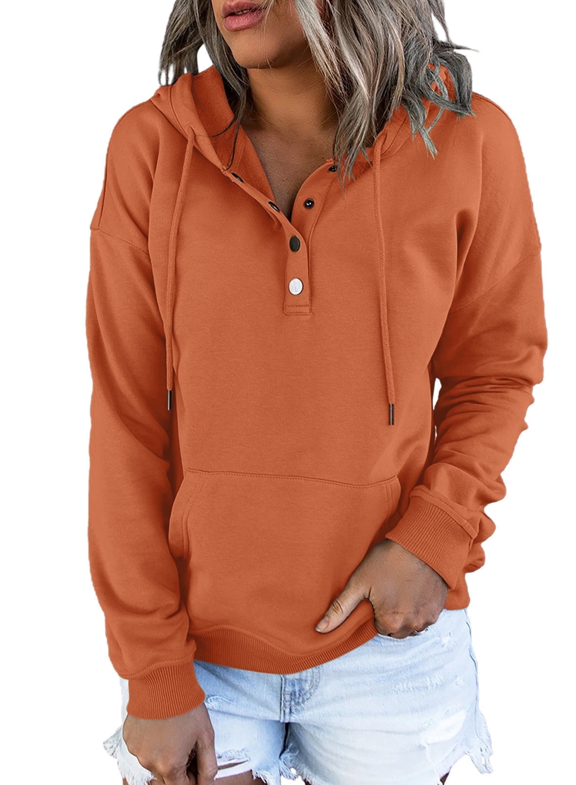 Blibea Women's Hooded Sweatshirt - Orange, Button Closure, Drawstring ...