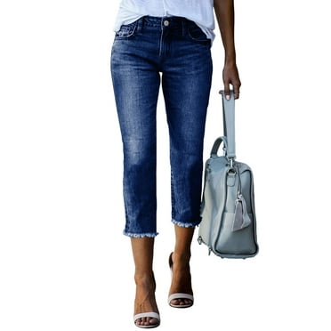 Women's Wide Leg Denim Capri Pants, Loose Fit Ripped Jeans with Pockets ...