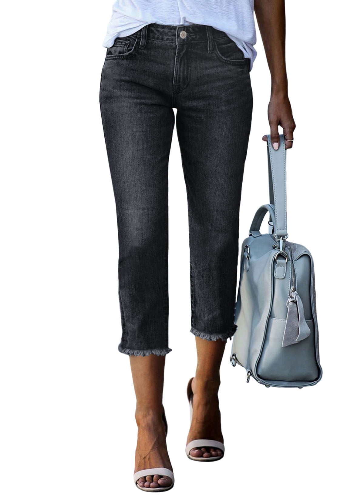 Blibea Women Capri Jeans Stretchy Straight Leg Raw Hem Denim Pants ...