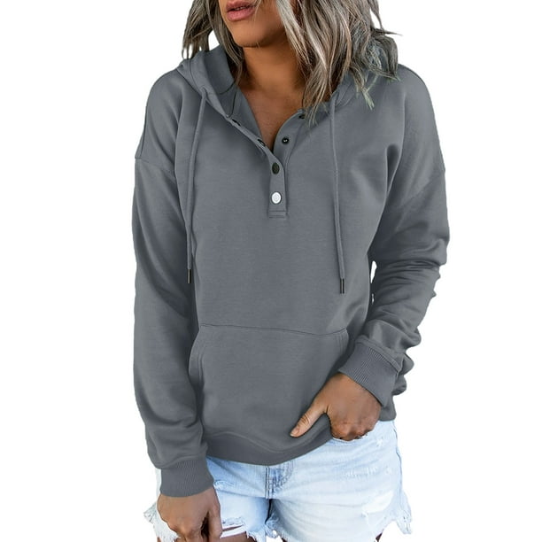 Blibea Womens Sweatshirts with Hood Button Collar Hoodies Drawstring ...