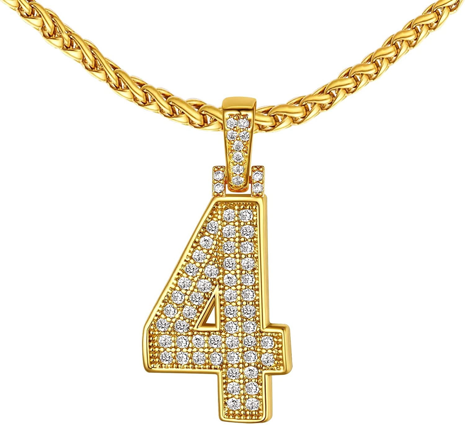 Bling 18K Gold Plated Number 4 Pendant Necklace on Wheat 22" Chain for ...