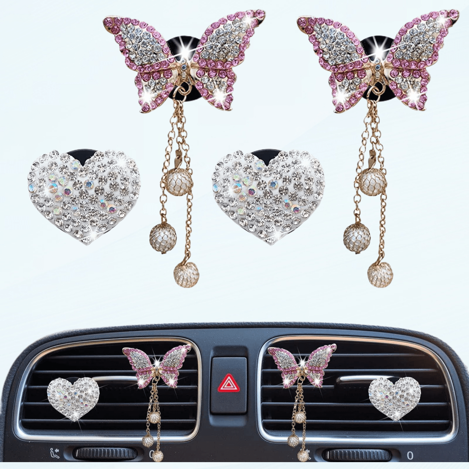 Bling Butterfly Heart Air Vent Clips, 4 Pcs Pink Butterfly Heart Car ...
