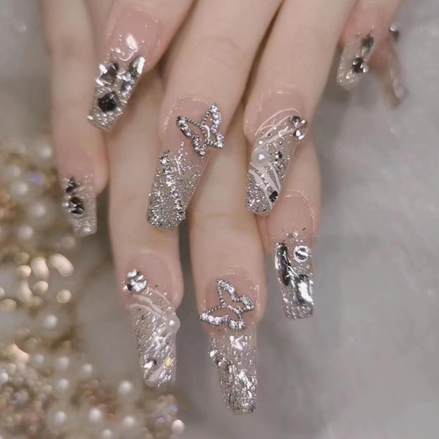 Bling Butterfly Press on Nails Long Silver Fake Nails Tips Full Cover ...
